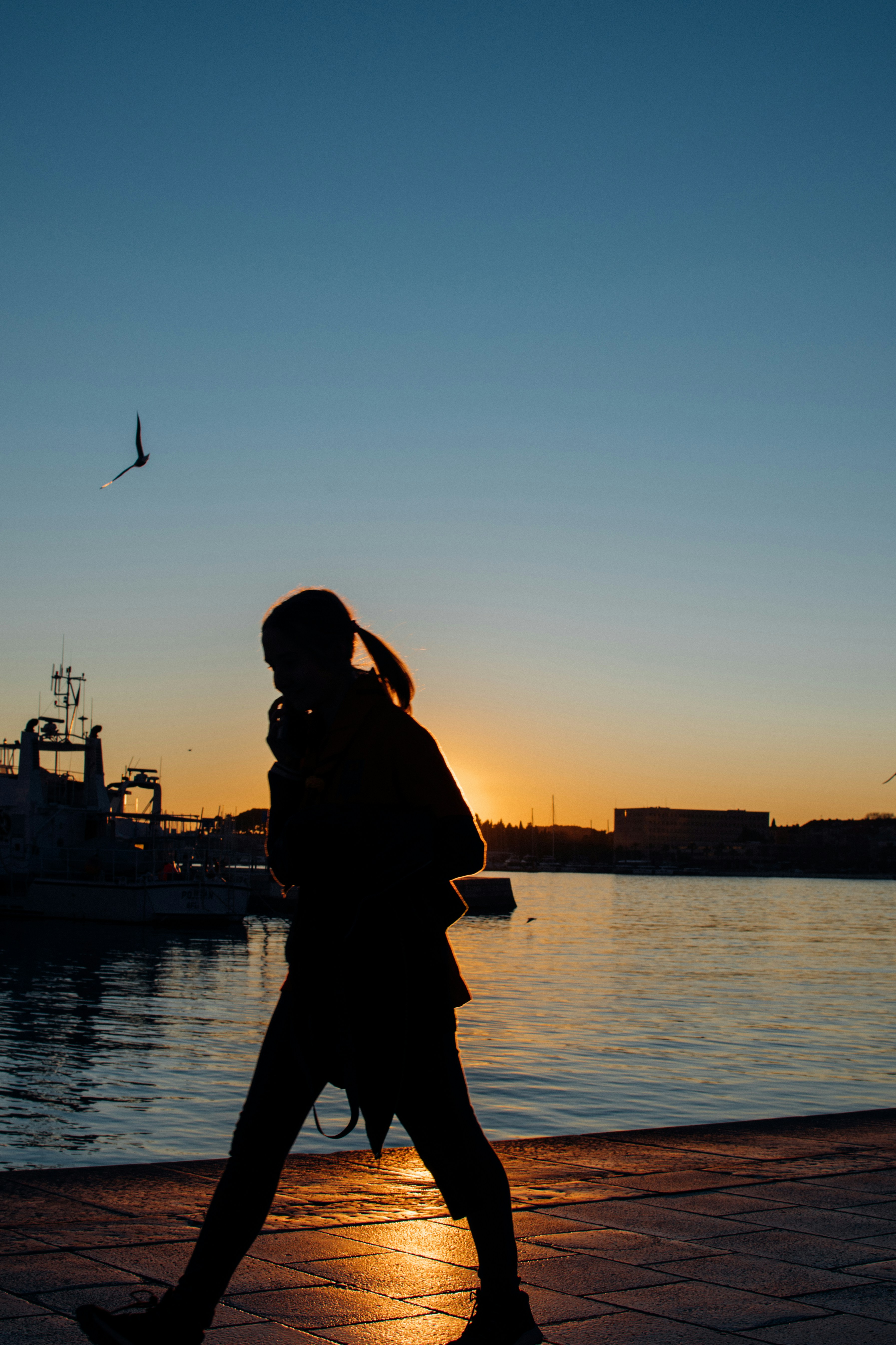 Sunset silhouette: a tender moment by the harbor