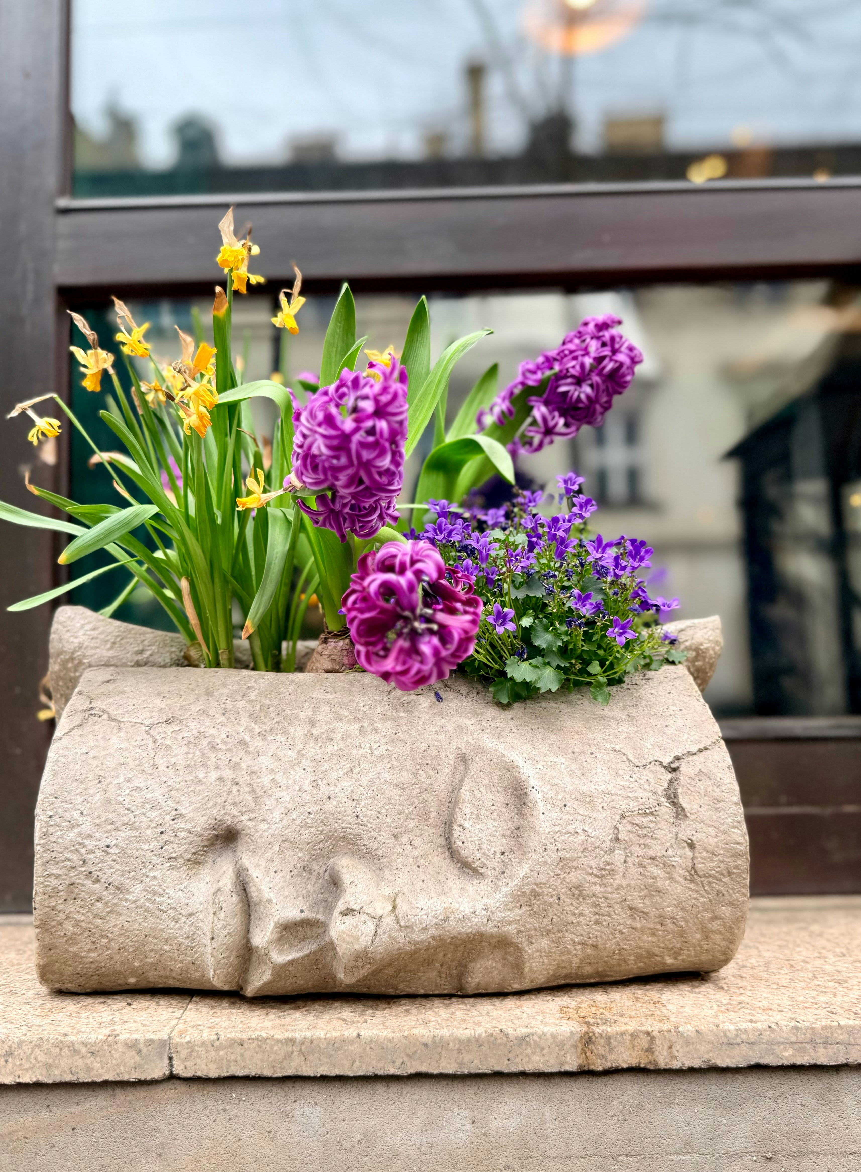 A Weathered Stone Planter Framing Fresh Spring Blooms