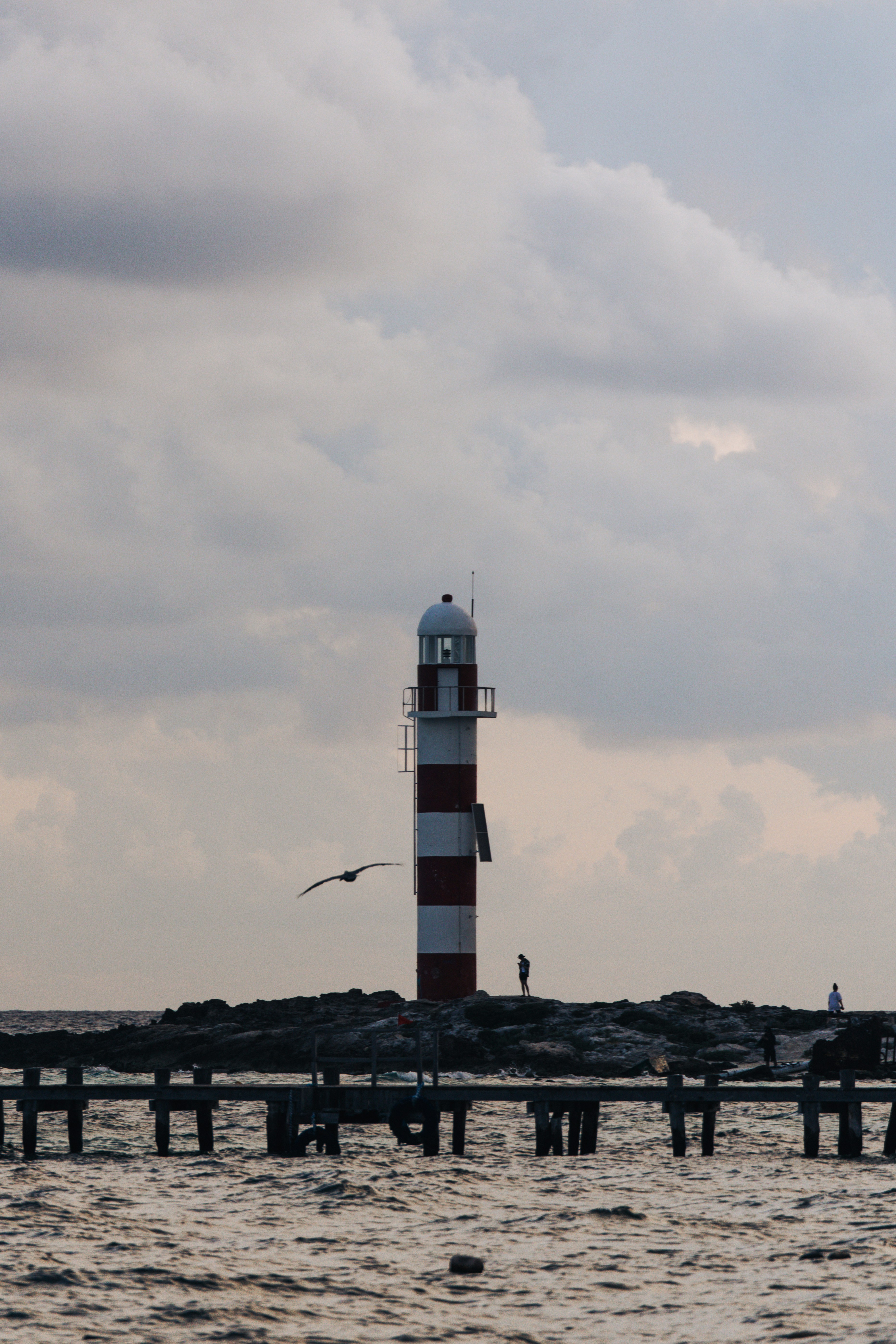 Beacon on the Edge: A Lone Lighthouse Standing Against a Gulls-and-Clouds Sky