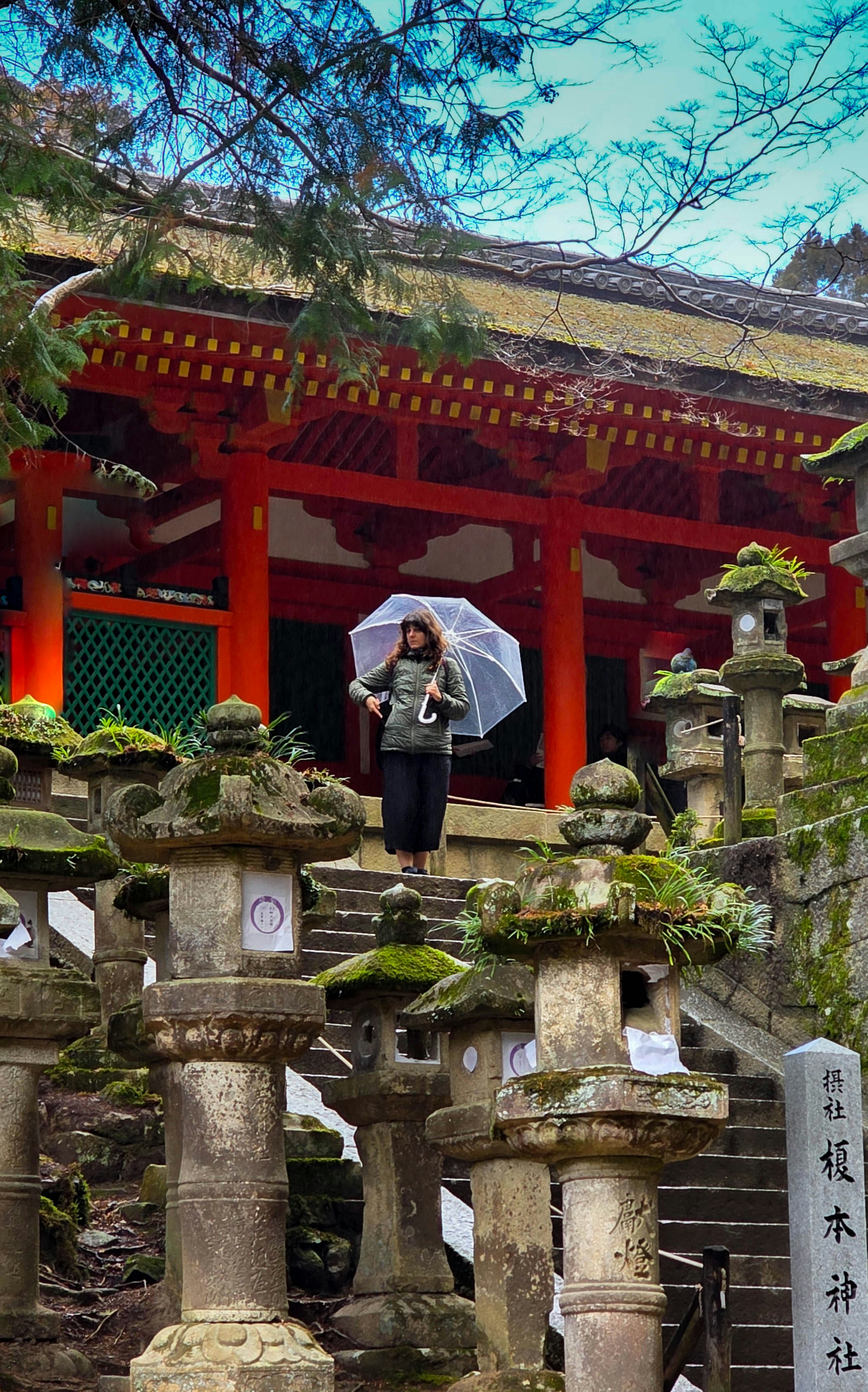 Umbrella in Hand, Stone Lanterns, and a Red Shrine Gate