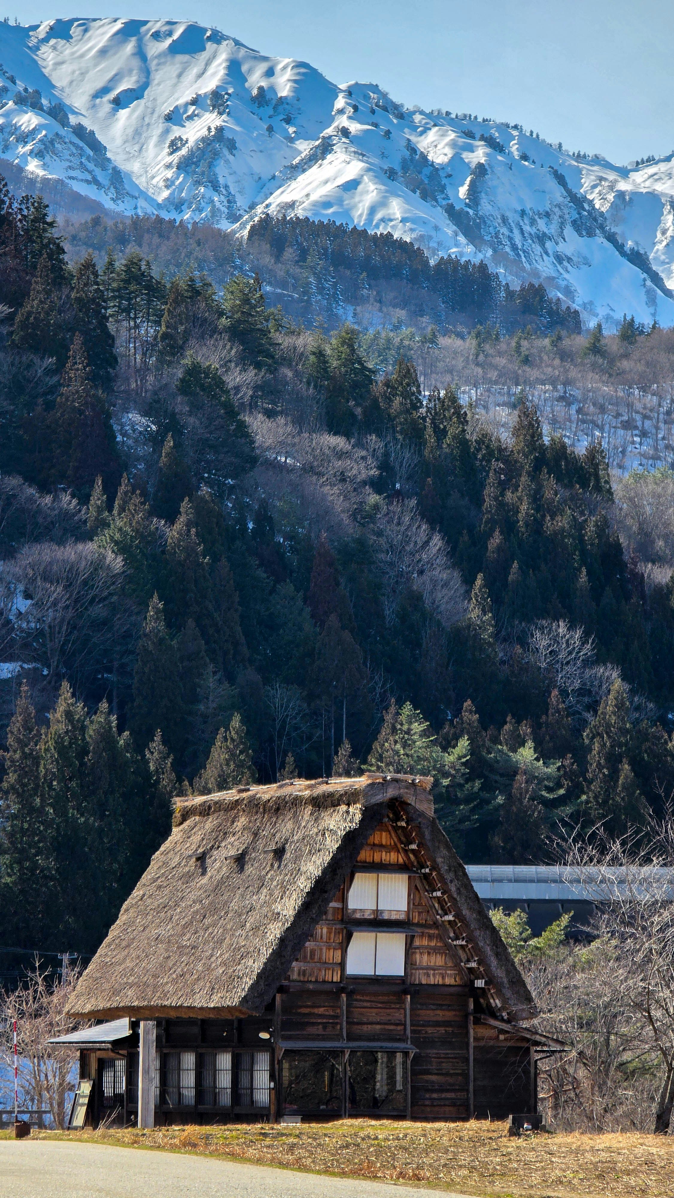 Thatched Cabin Beneath Snow-Capped Peaks
