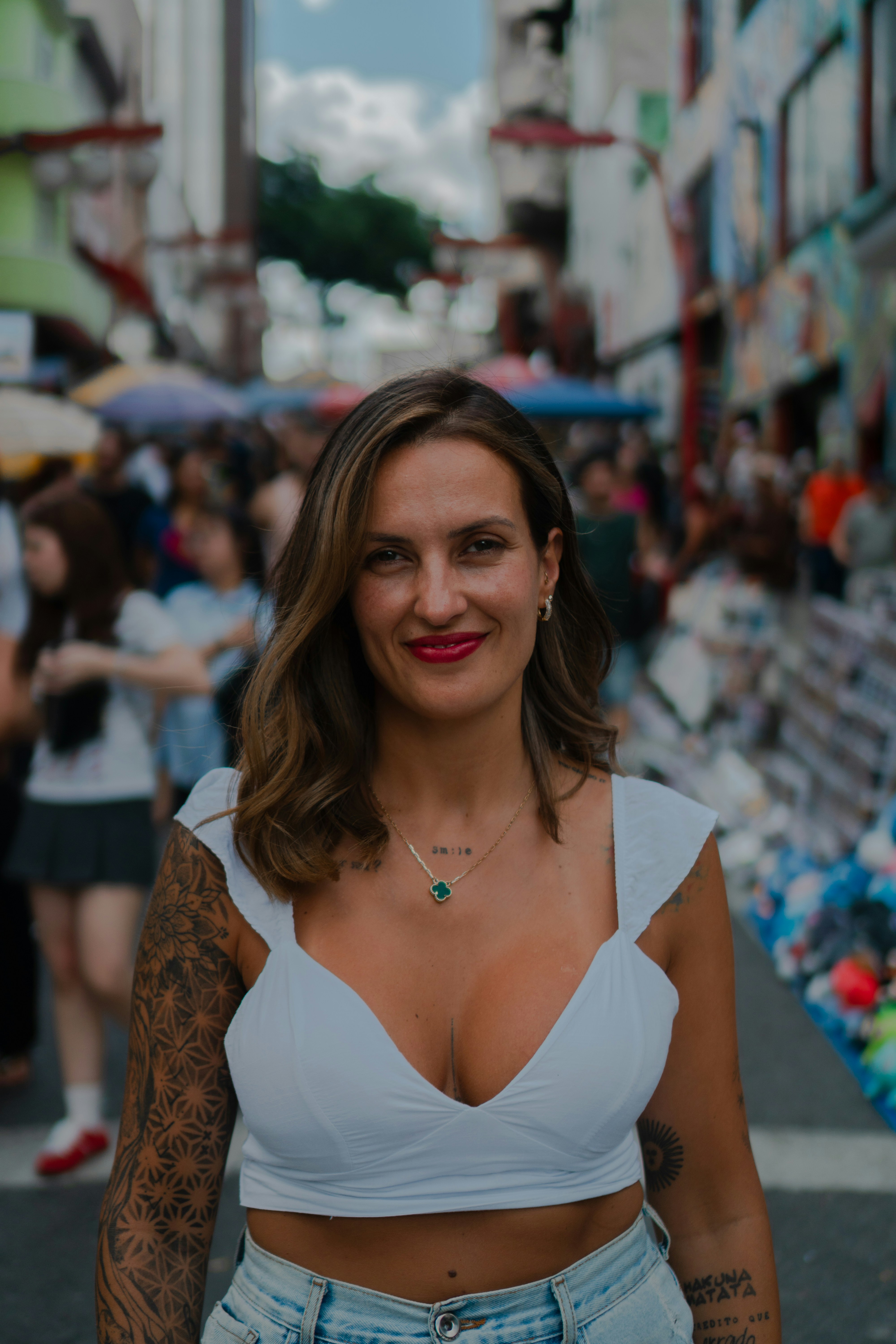 Midday City Bloom: A Confident Smile Amid The Market Shuffle