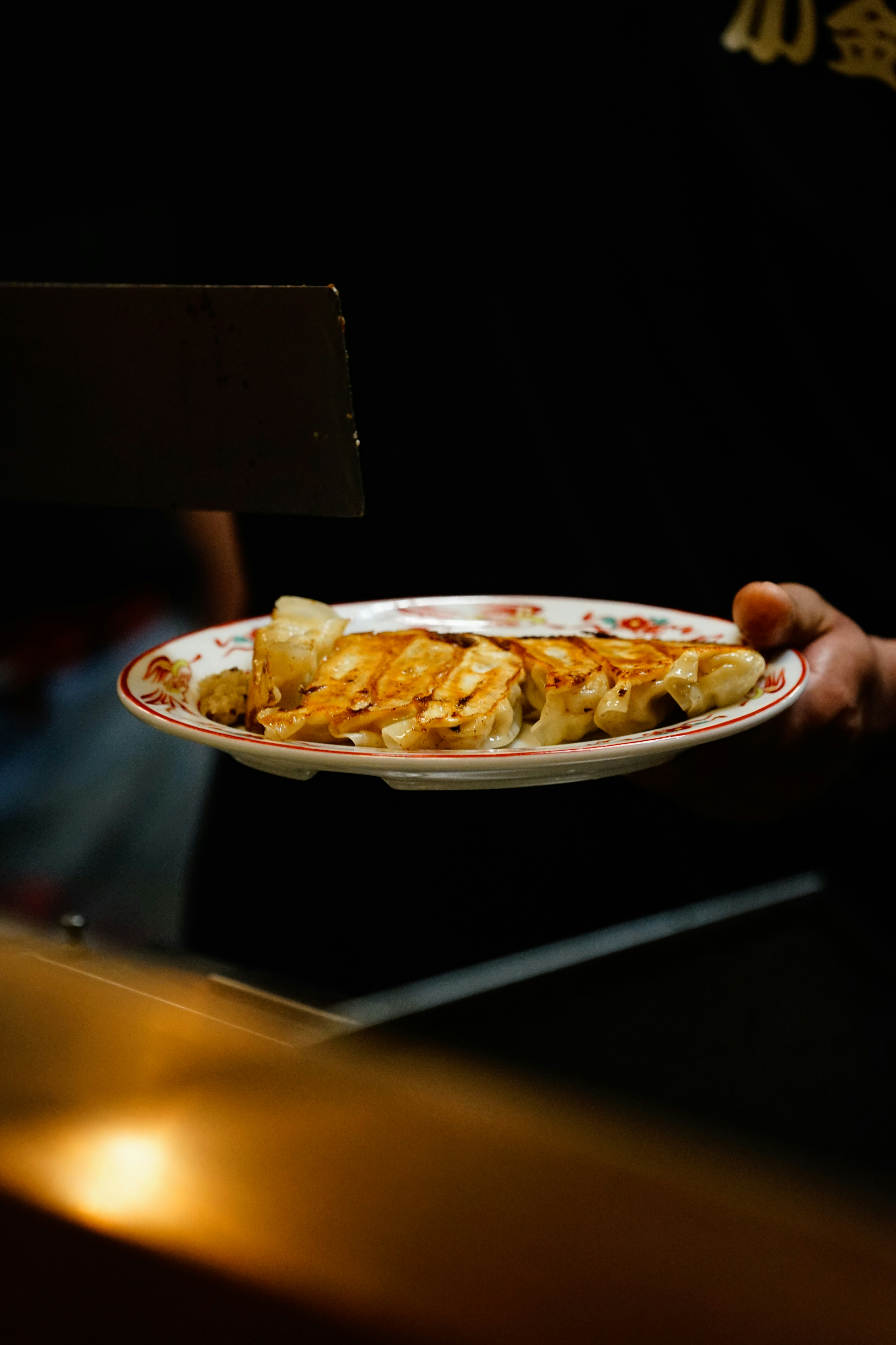 Sliced golden-gilled Gyoza on a Plate in a Dim Kitchen Moment