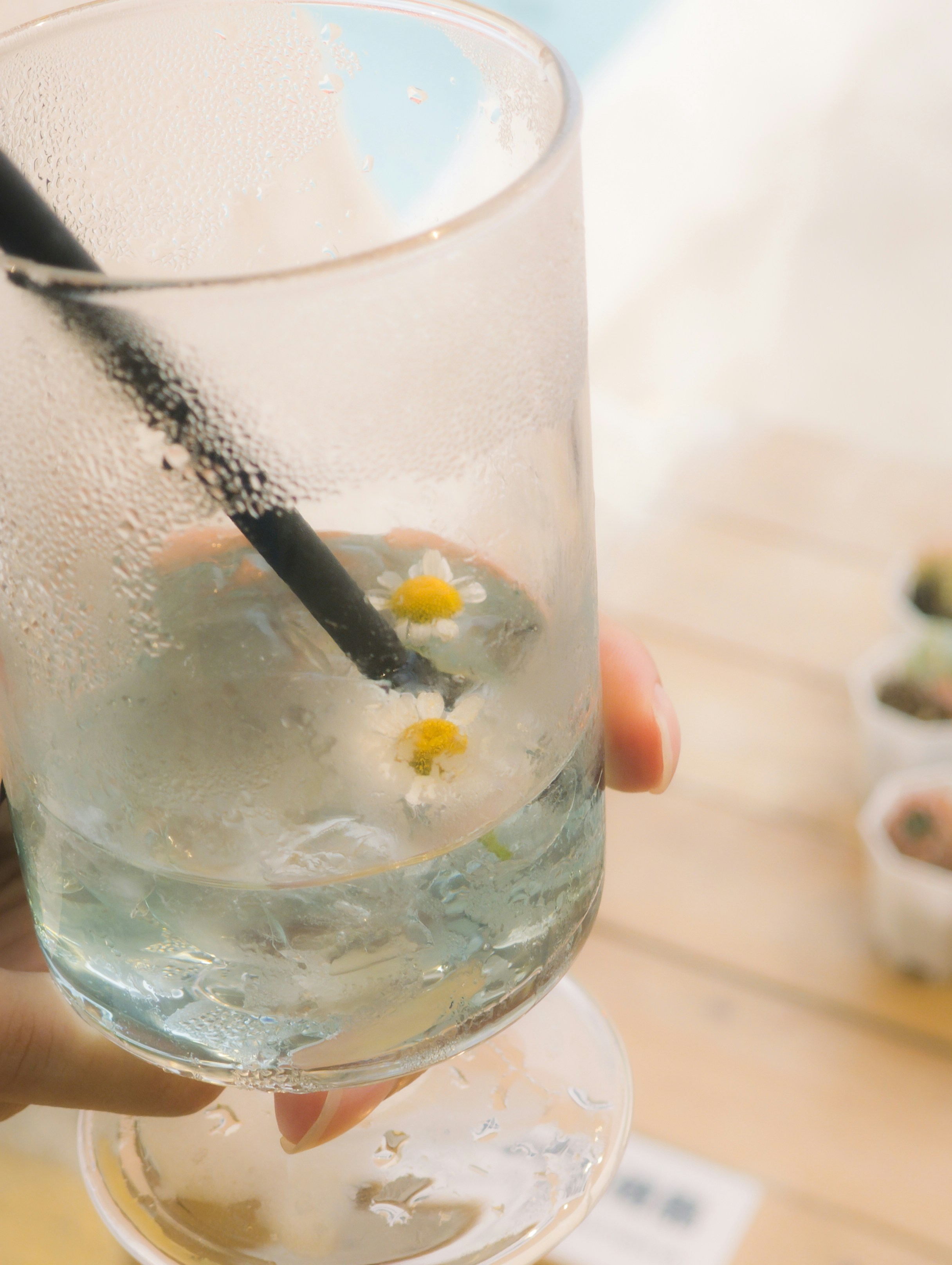 A Dainty Toast: Daisy-Stamped Ice in a Handheld Glass