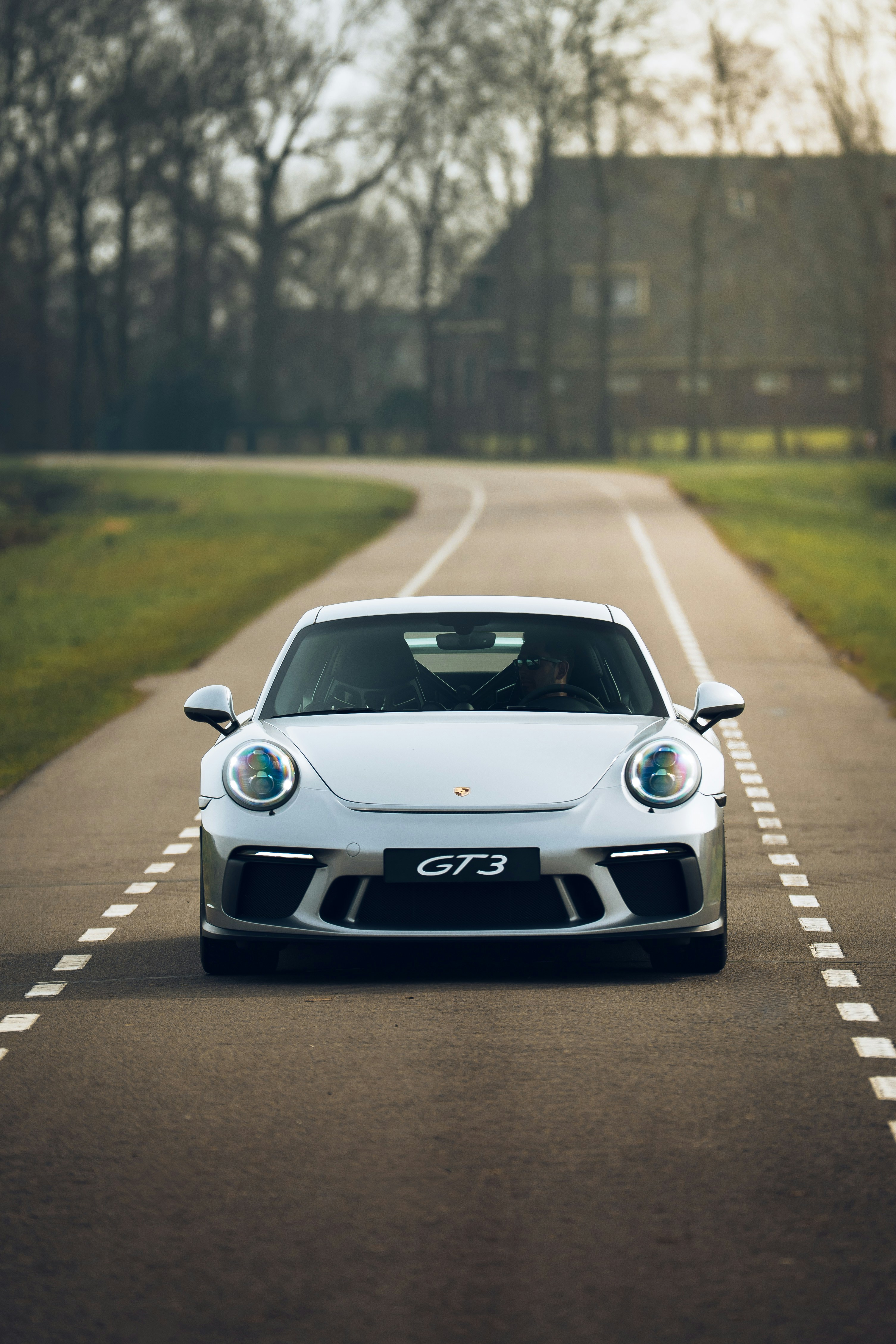 White Porsche GT3 Head-On on an Empty Country Road