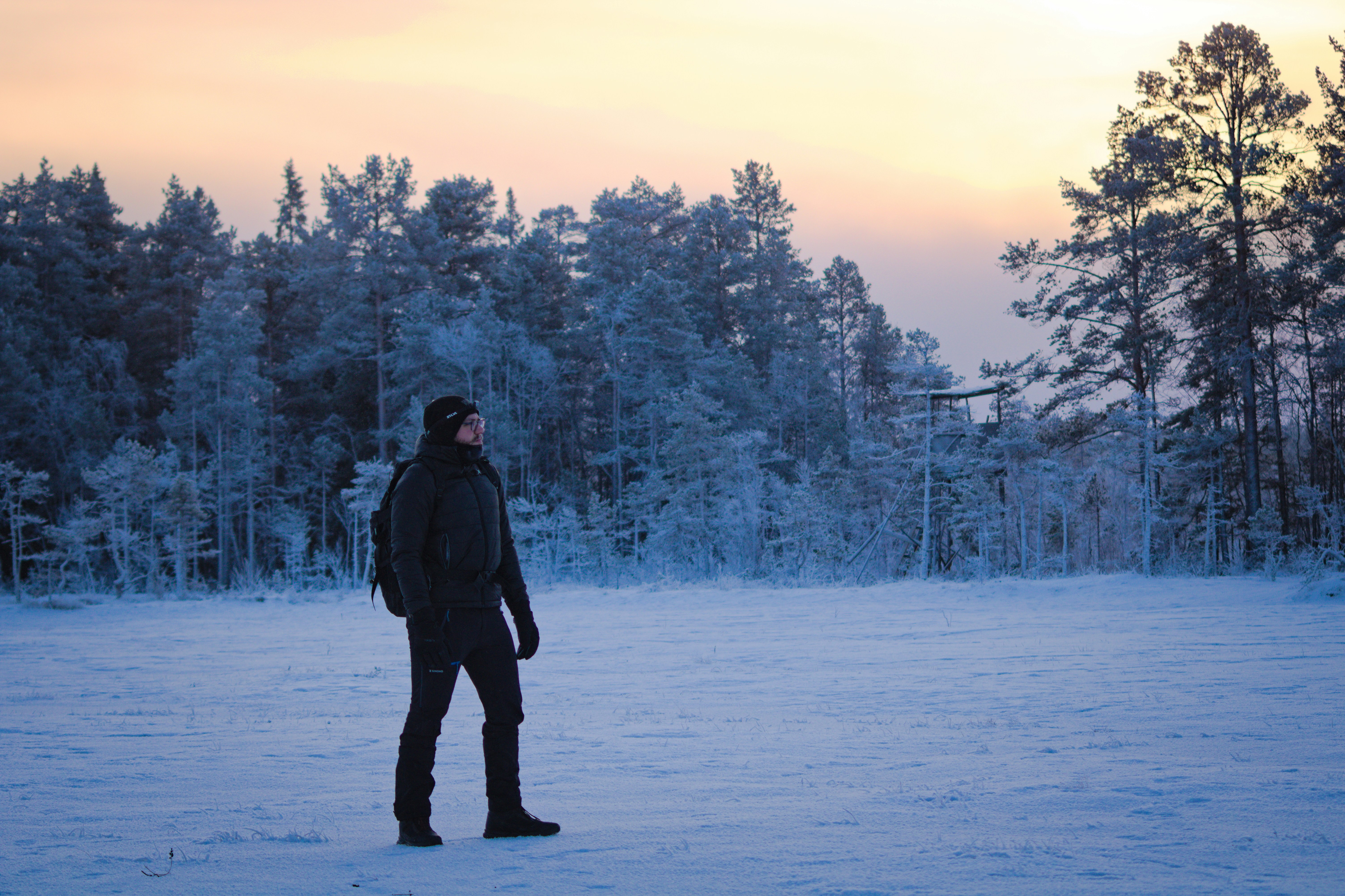 Winter Wanderer Beneath an Amber Dusk Sky