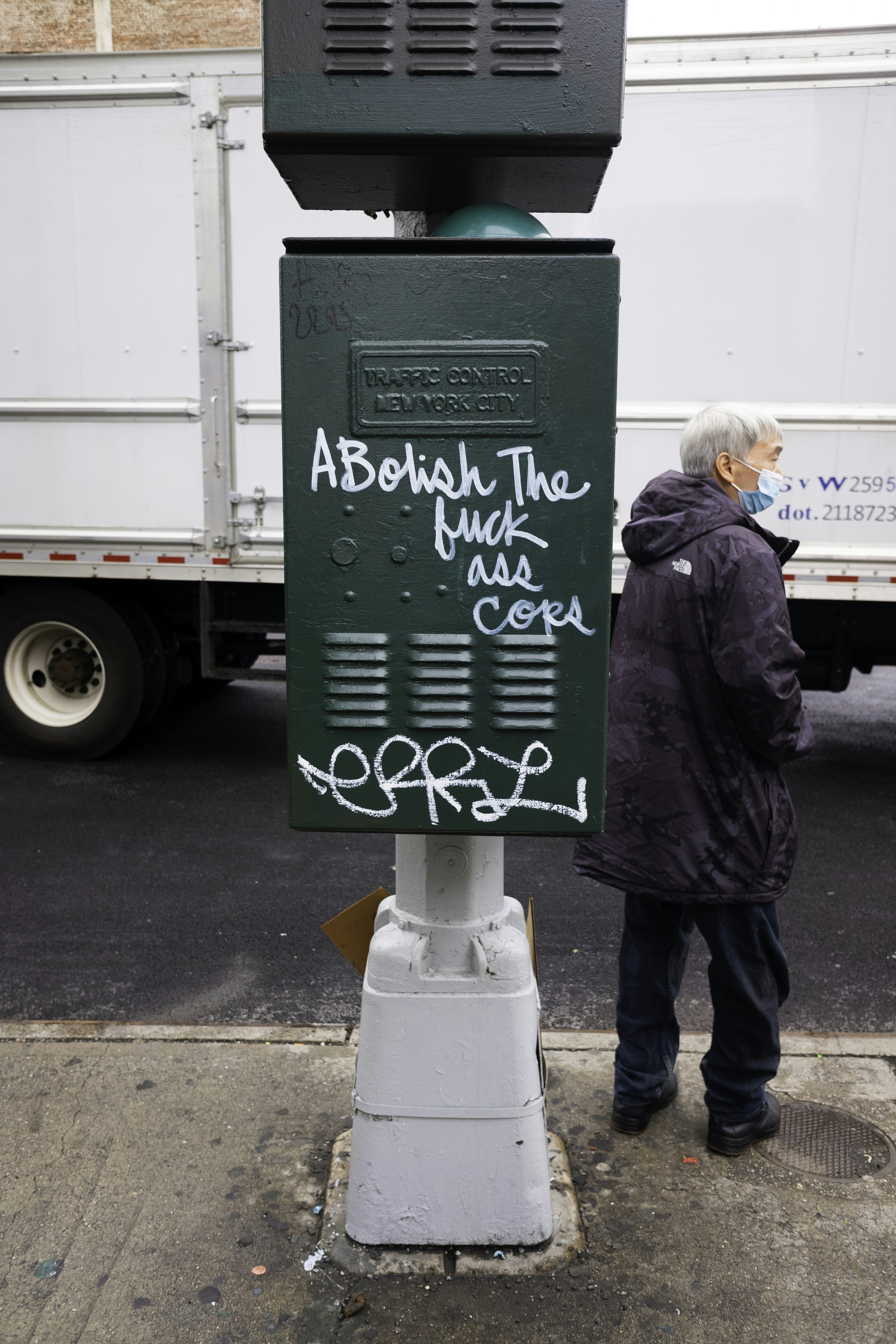 Graffiti Truths on a Street Corner: A Pedestrian Beside the Graffitied Panel