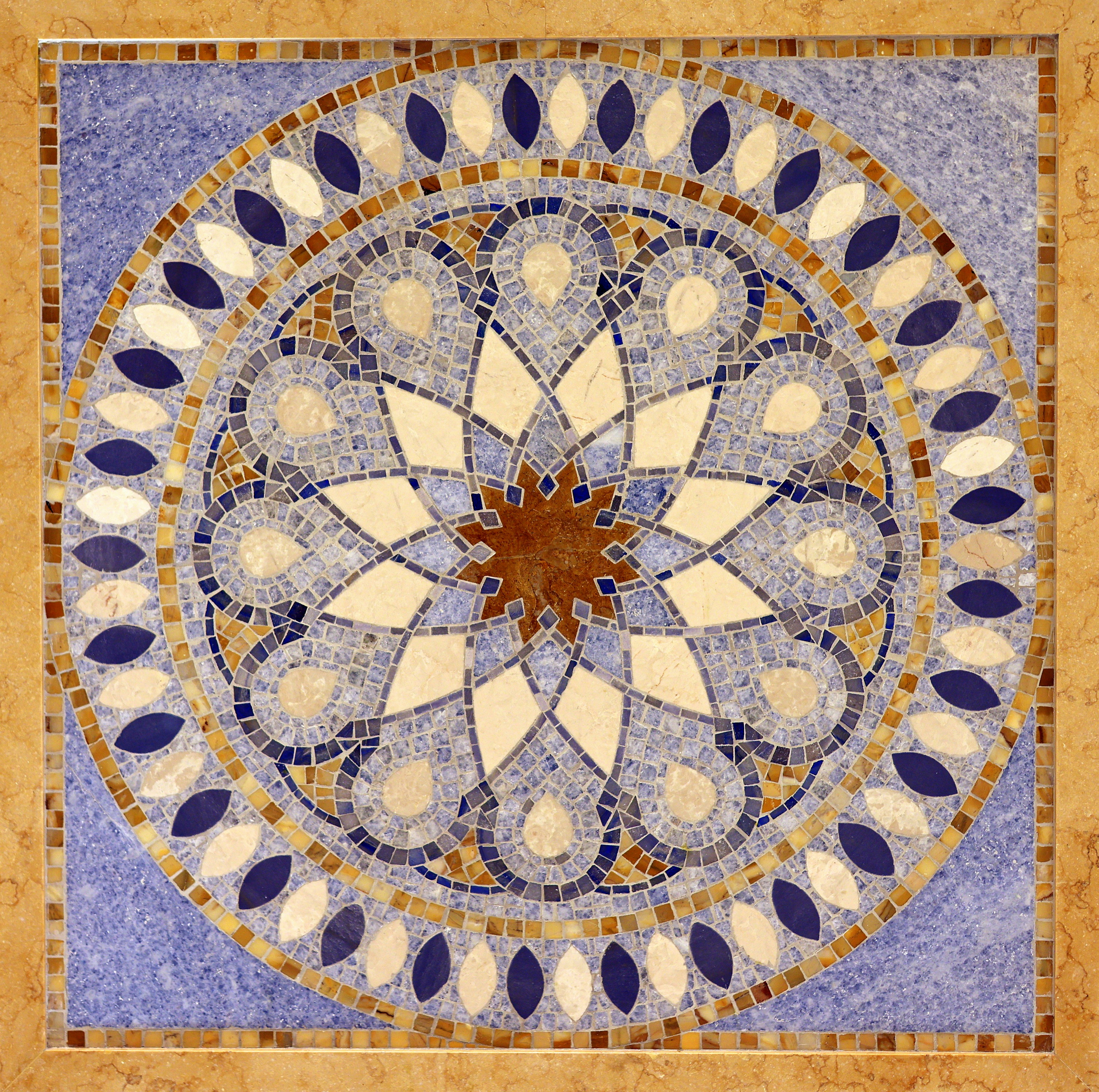 Symmetric Mosaic Mandala: Central Starburst Framed by Concentric Rings
