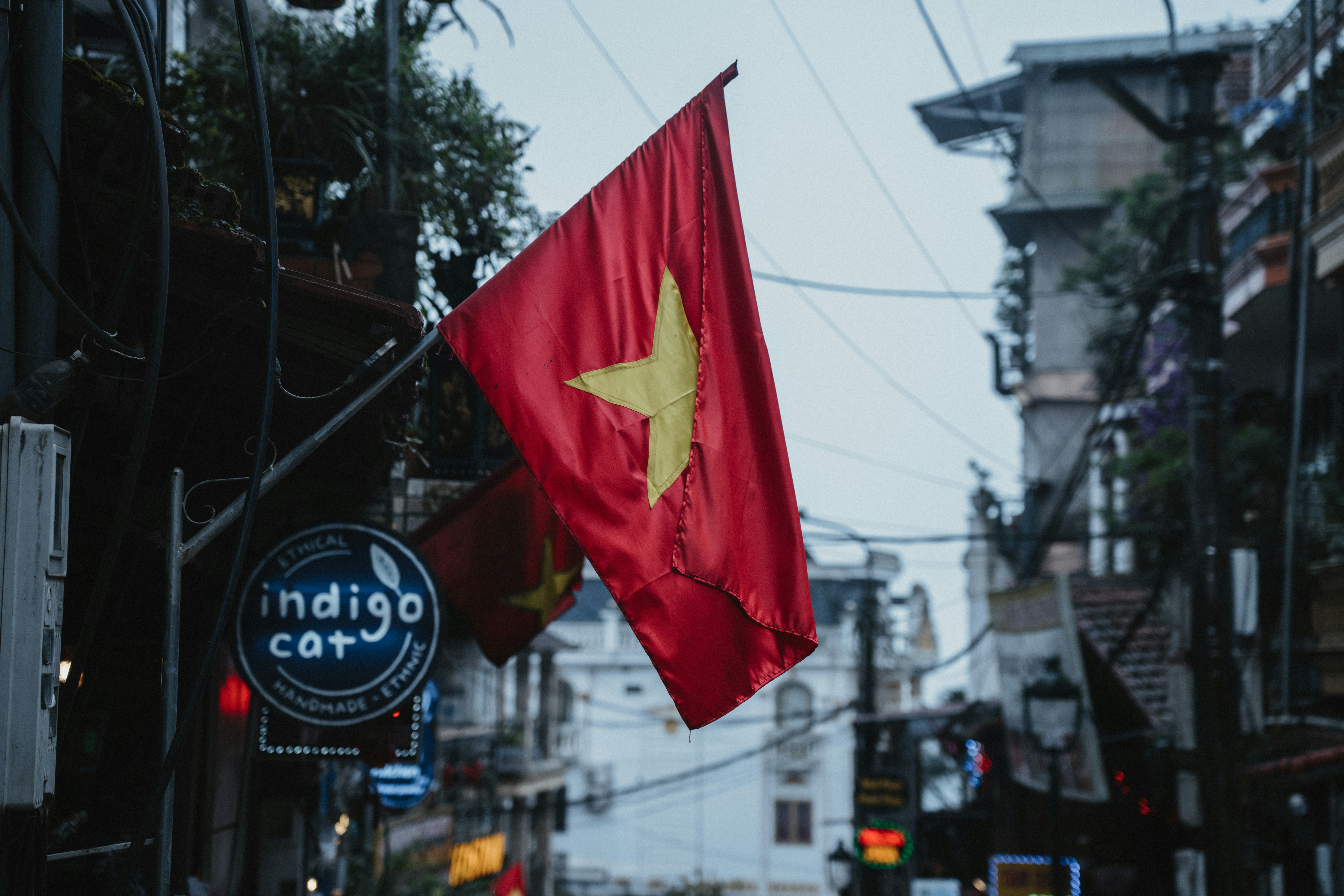 Red Flag over a Quiet Street: A Neon-Quiet Vietnamese Lane