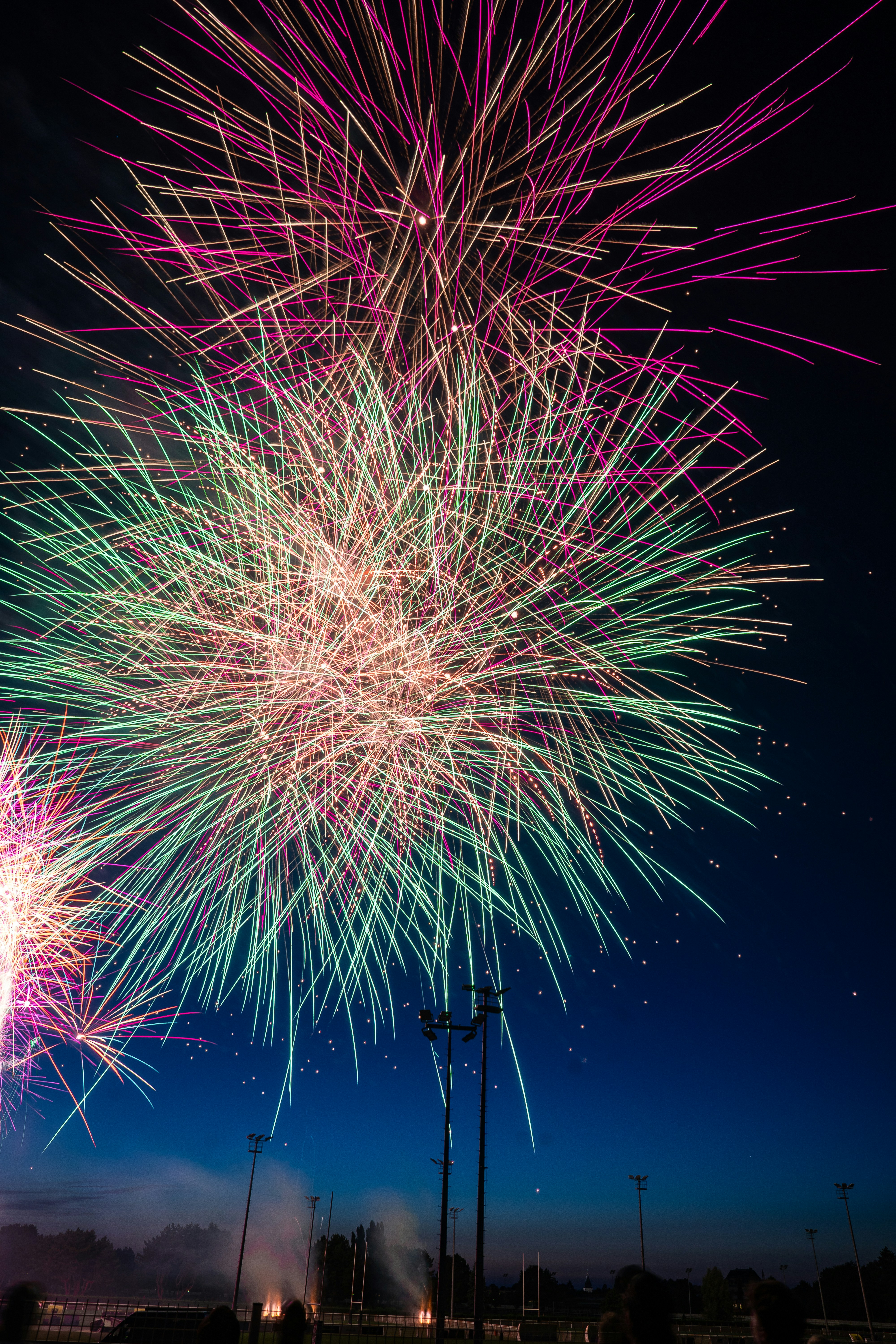 Night Sky Bursts: Colorful Fireworks Over a Quiet Field