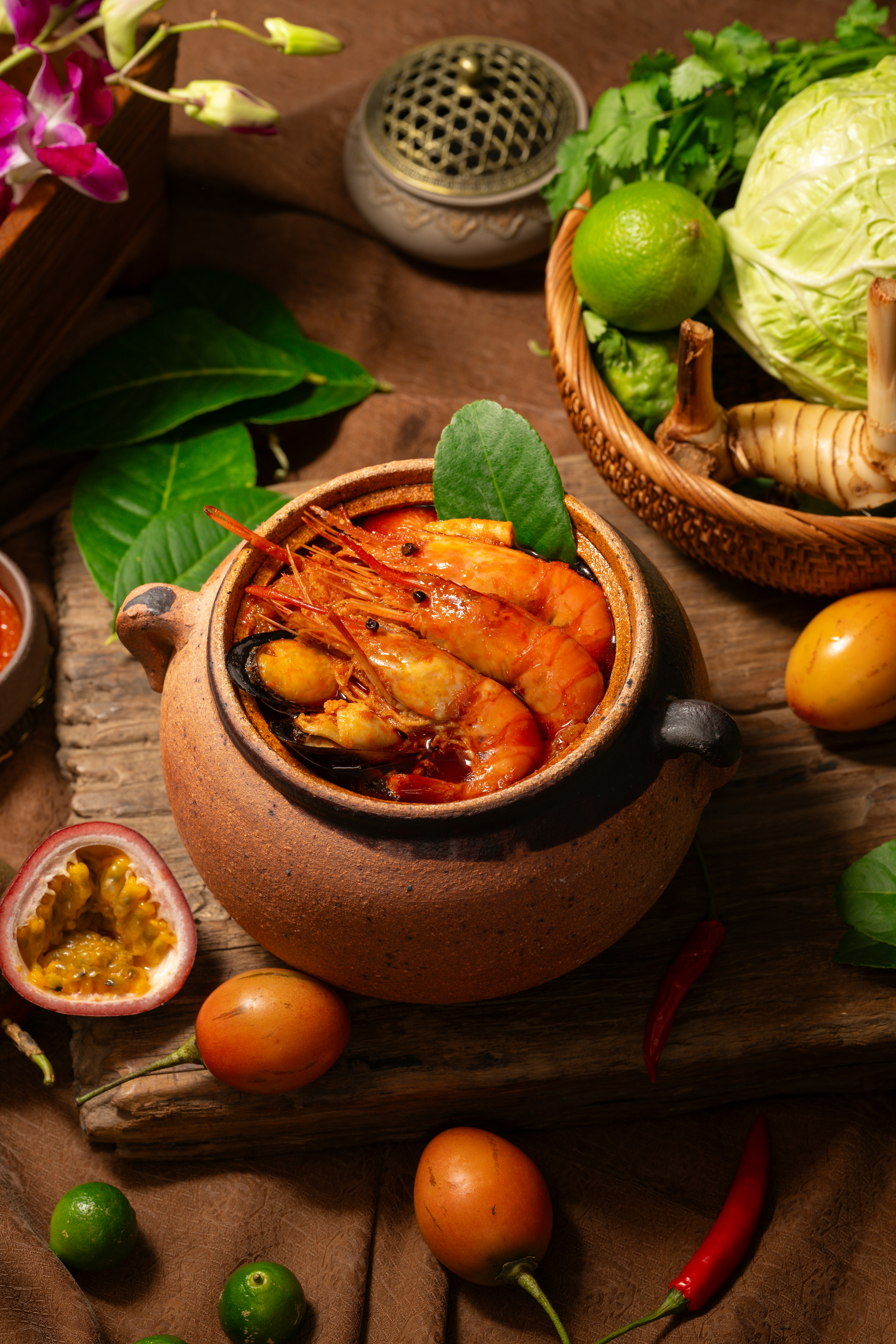 Clay Pot Shrimp Symphony on a Rustic Table