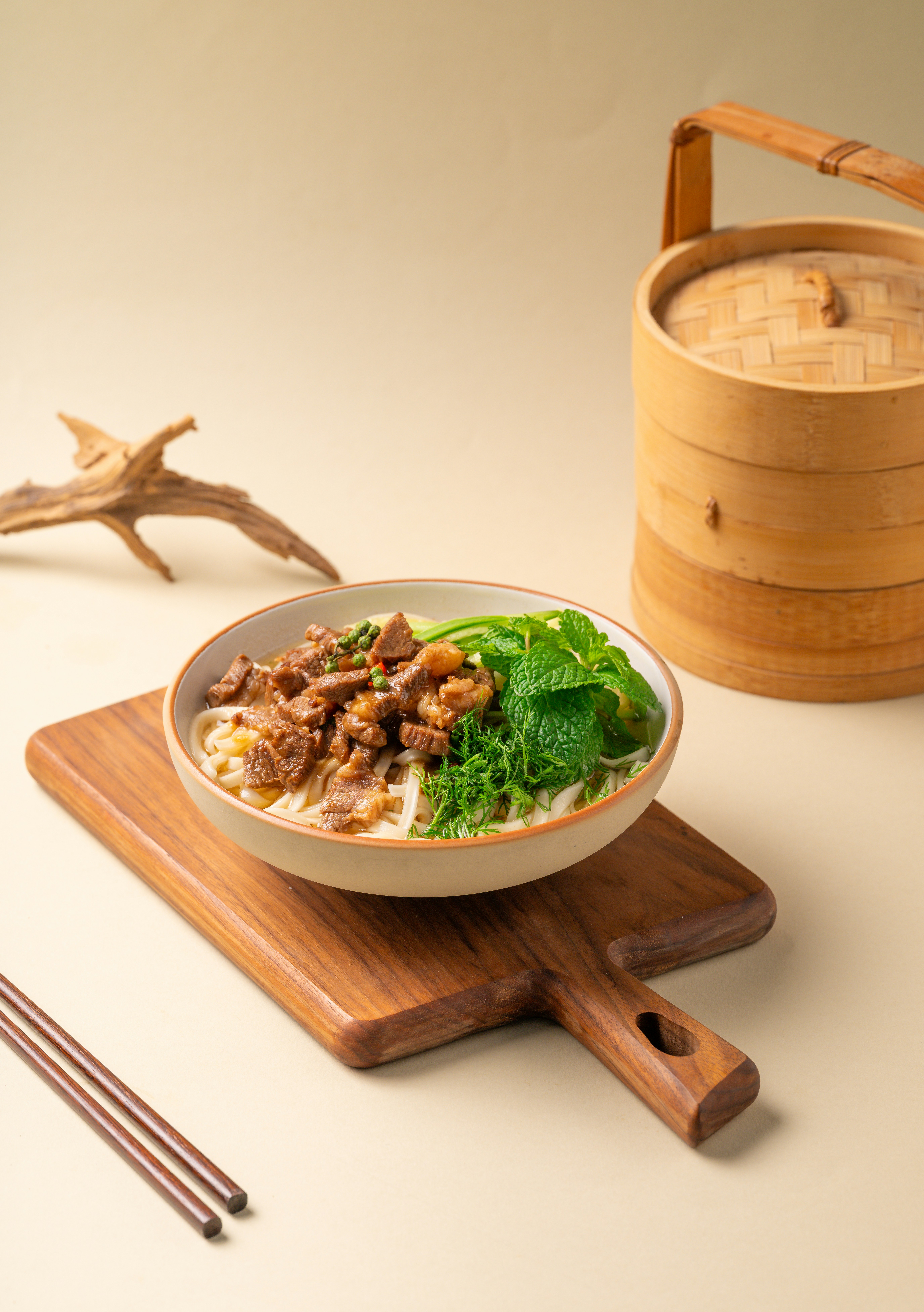 Savory Noodle Bowl in Warm Studio Light