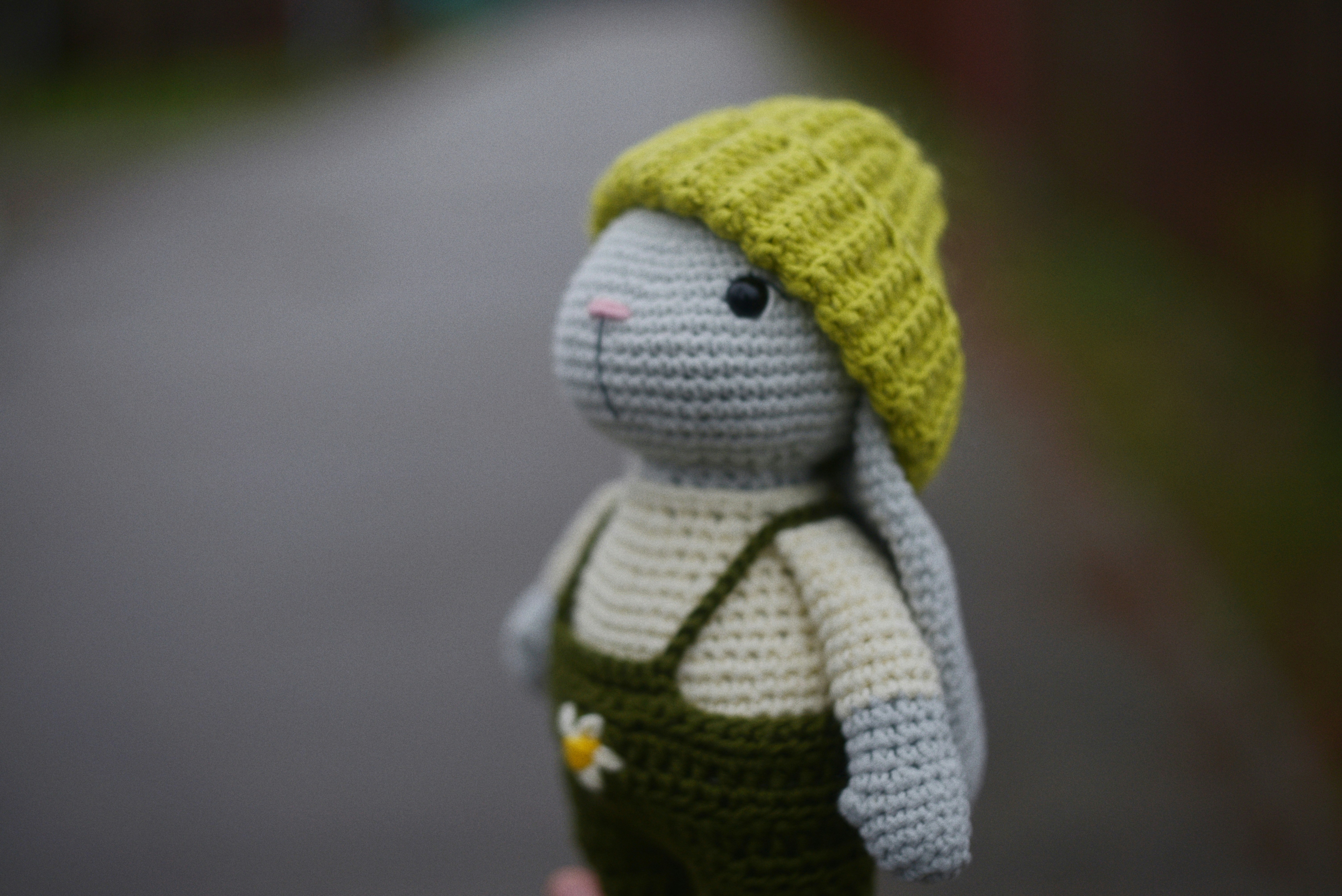 Crocheted Bunny Scout in Soft Focus on a Quiet Path