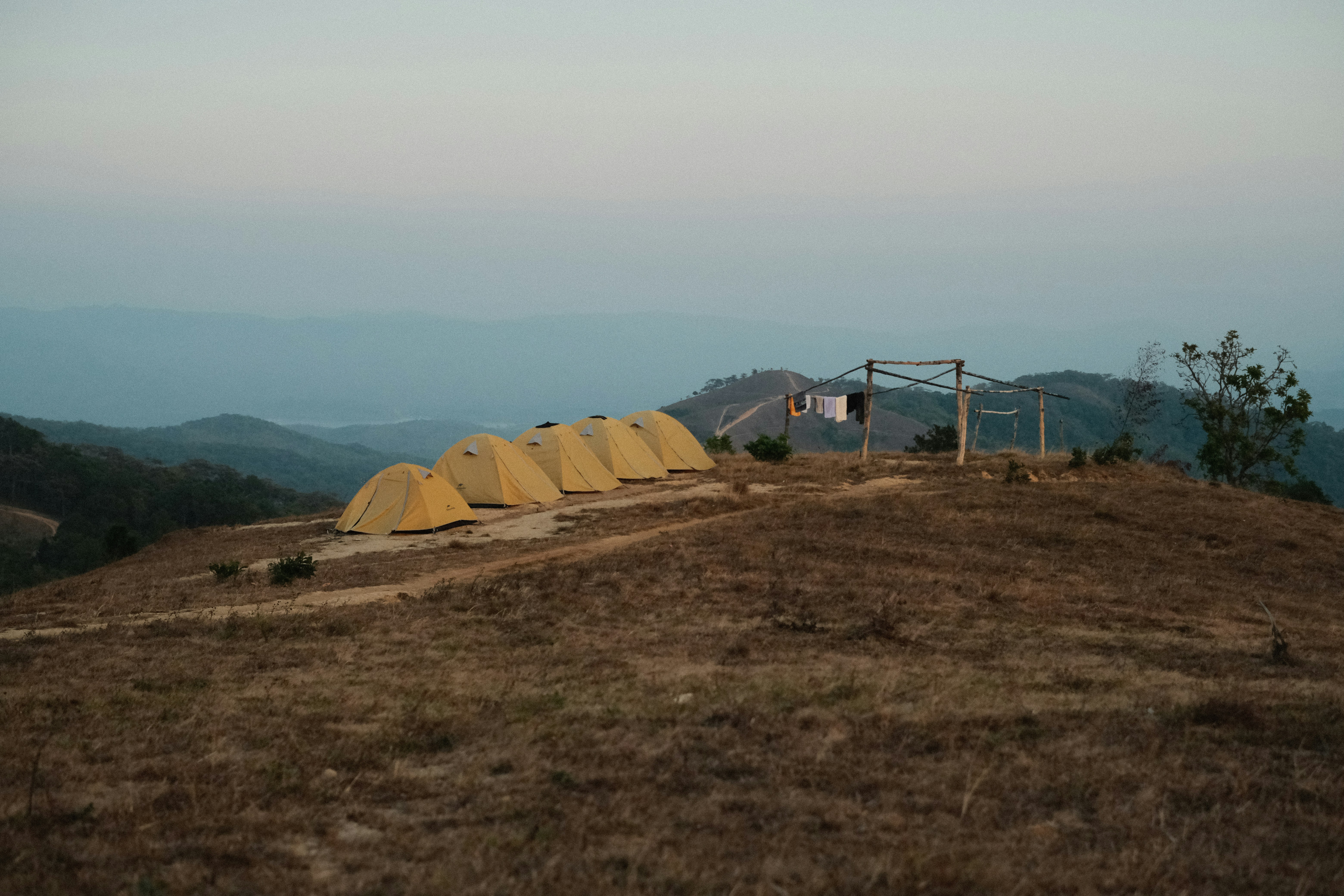 Hilltop Camp: Tents Align Along the Dune at Dusk