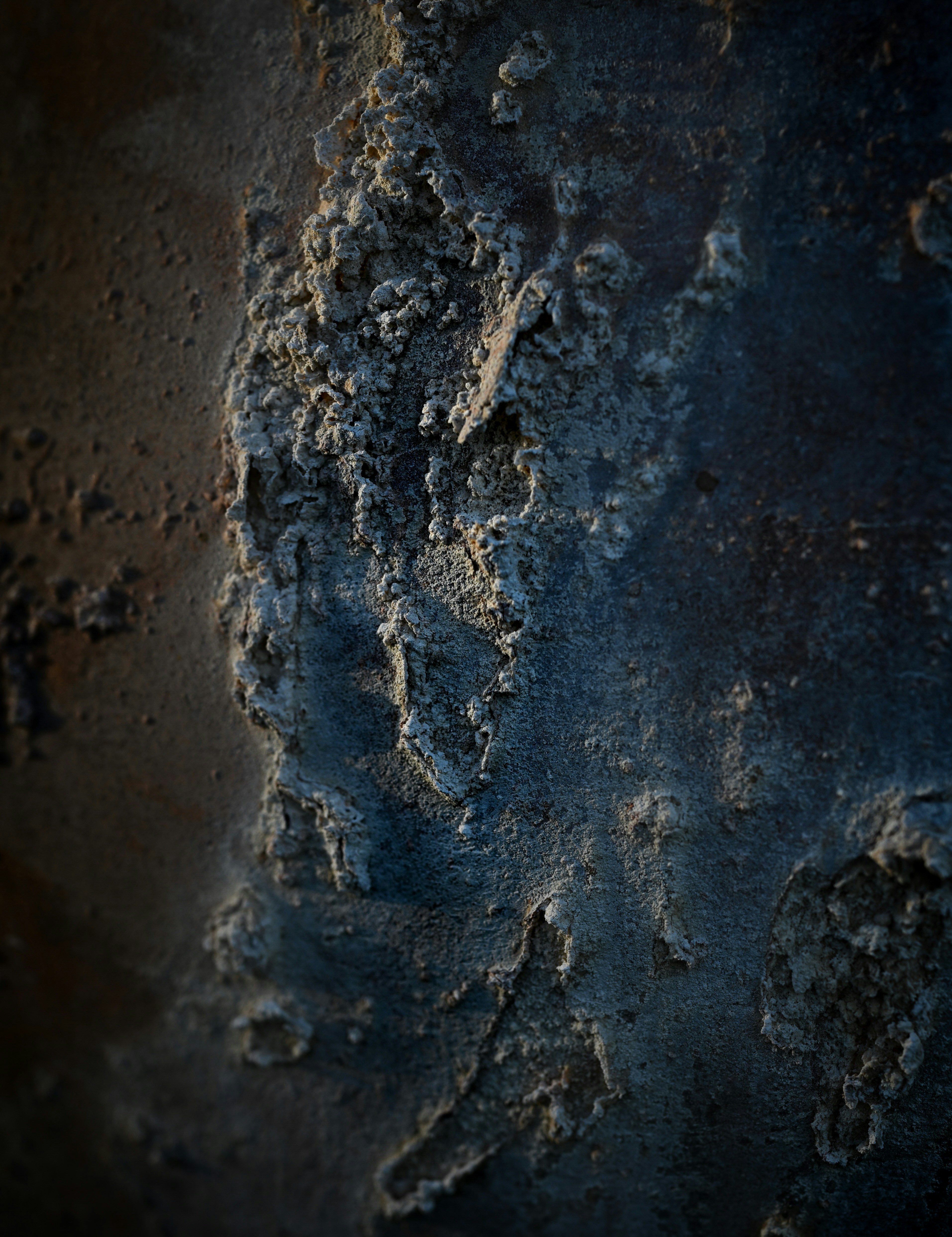 Close-up of a weathered, rust-streaked surface with blue-toned patina and rough texture. Emphasizes tactile detail and color variations in a moody light.