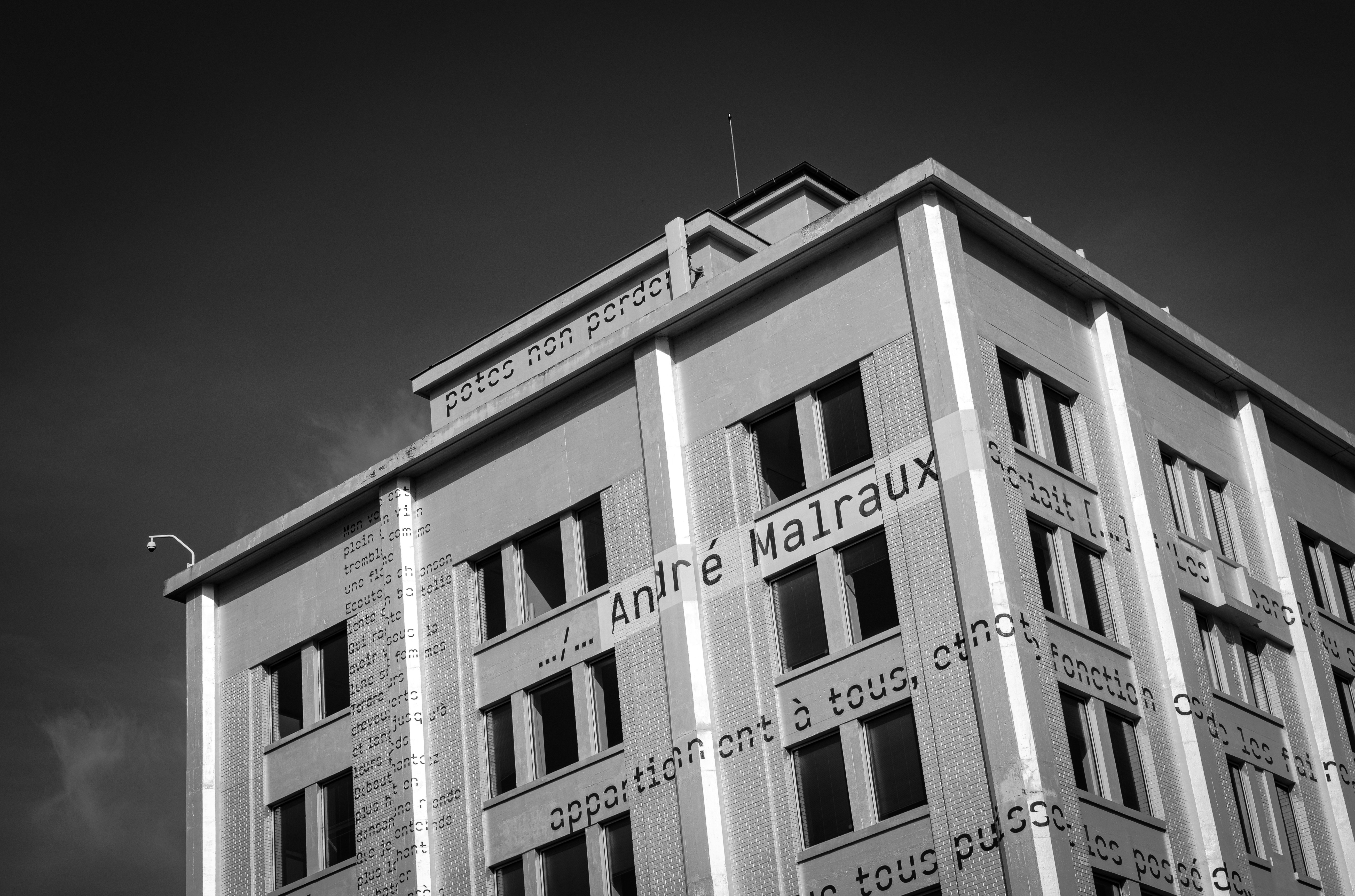Monolithic Facade: Concrete Geometry Against a Narrow Sky