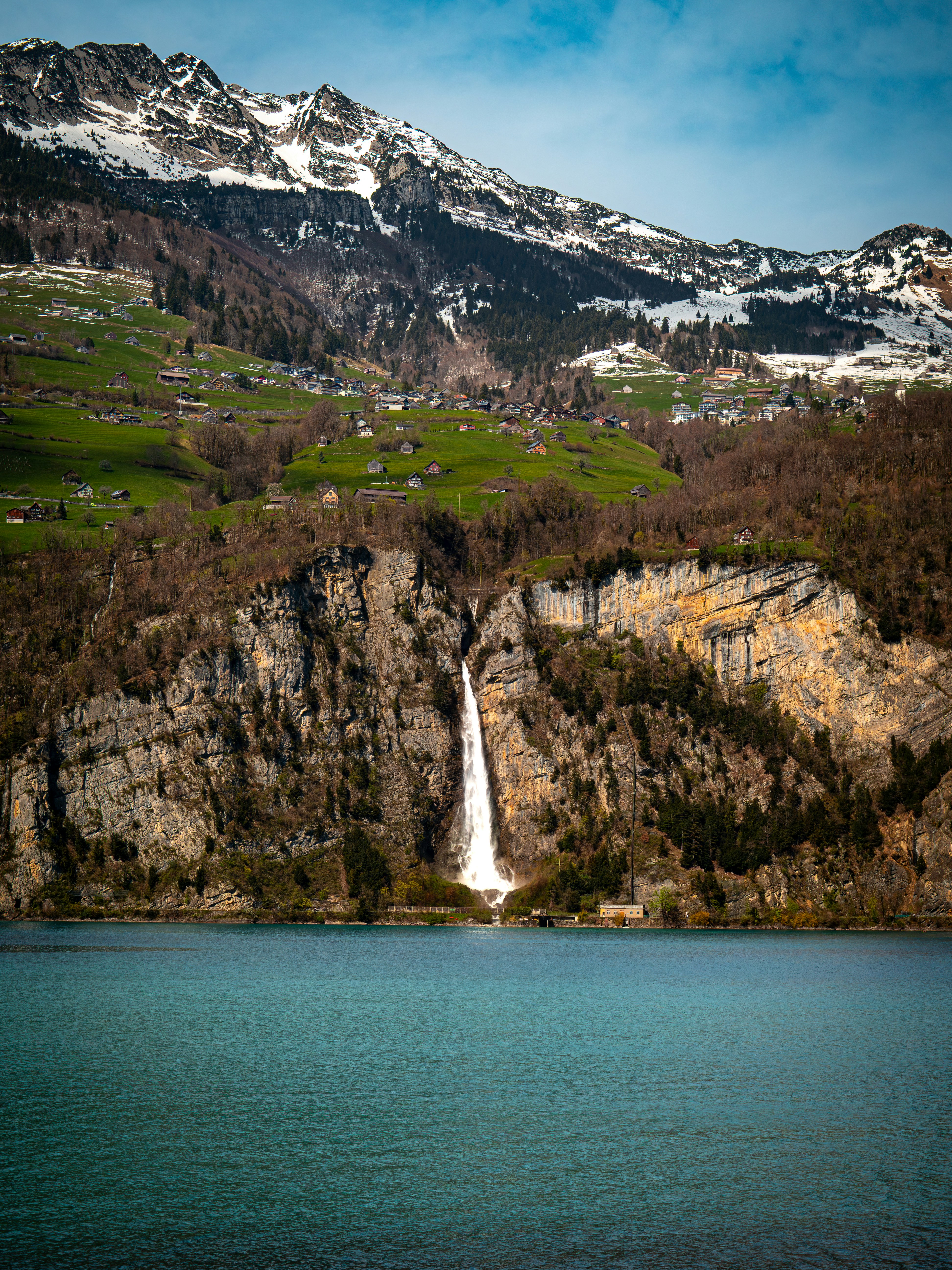 Waterfall at the Foot of Snow-Capped Peaks, Lake Lure Vista