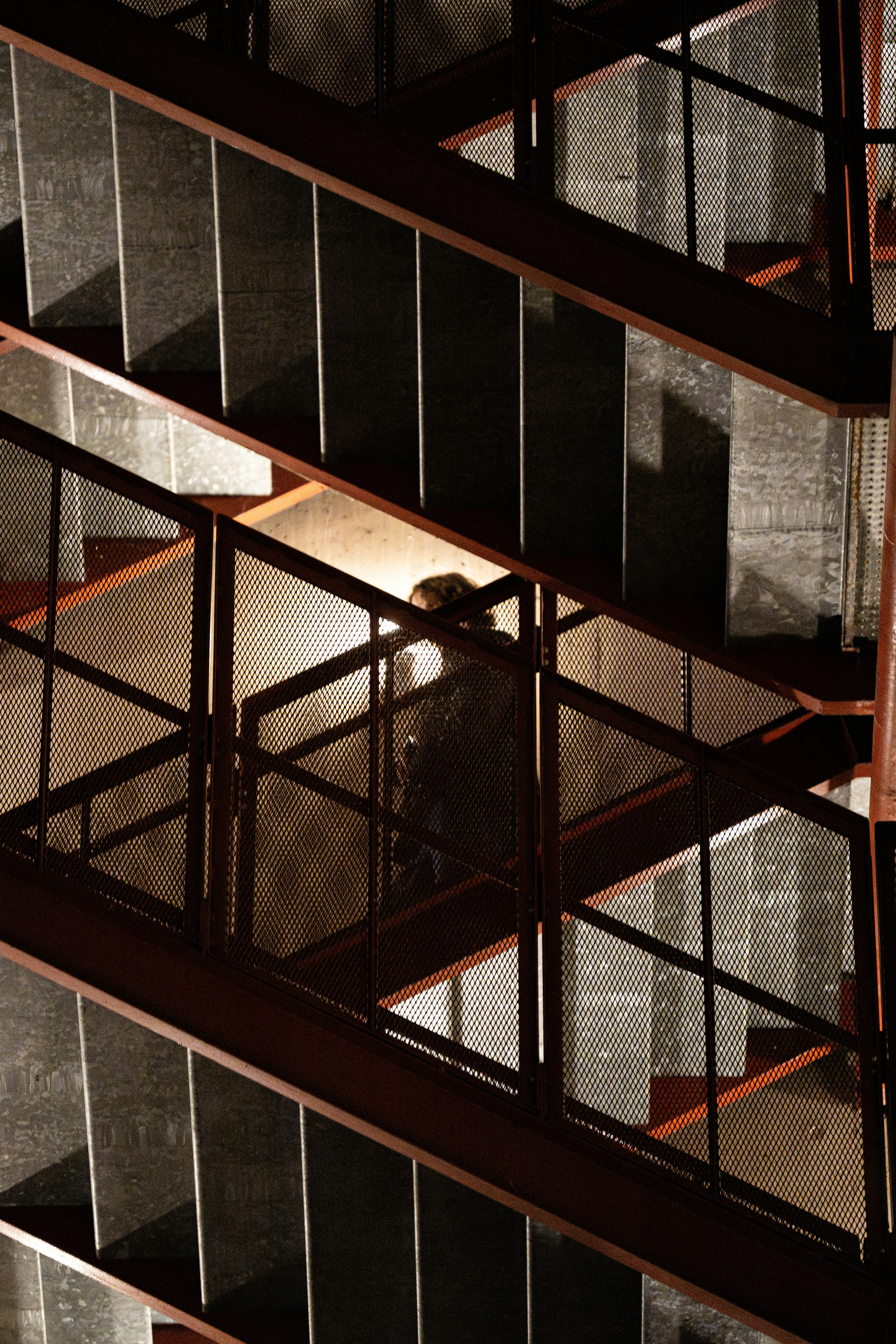 Ghosts on the Mesh: A Person Silhouetted Within Industrial Stairs
