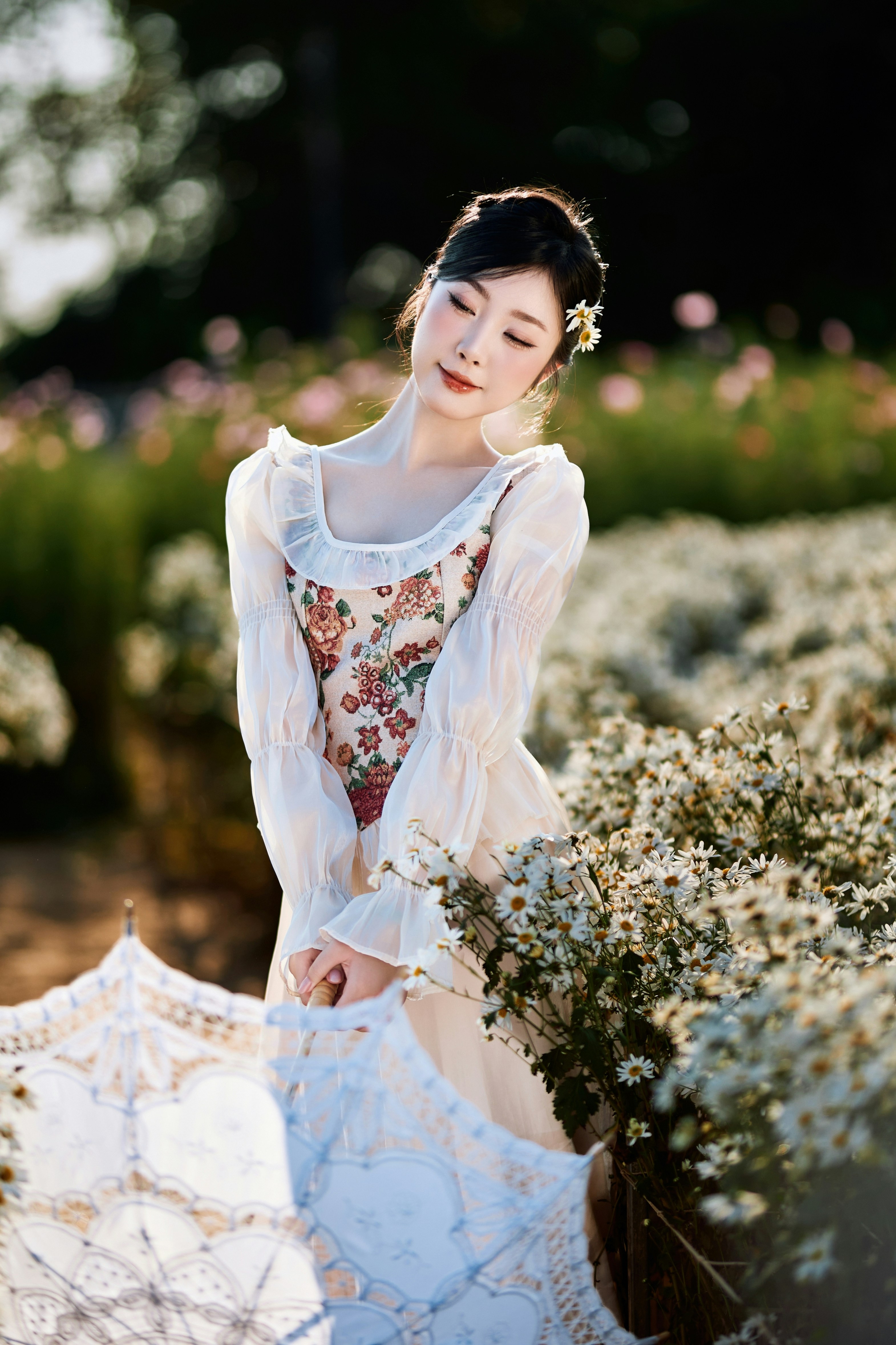 Floral Confession: A Quiet Portrait in a Field of Blooms