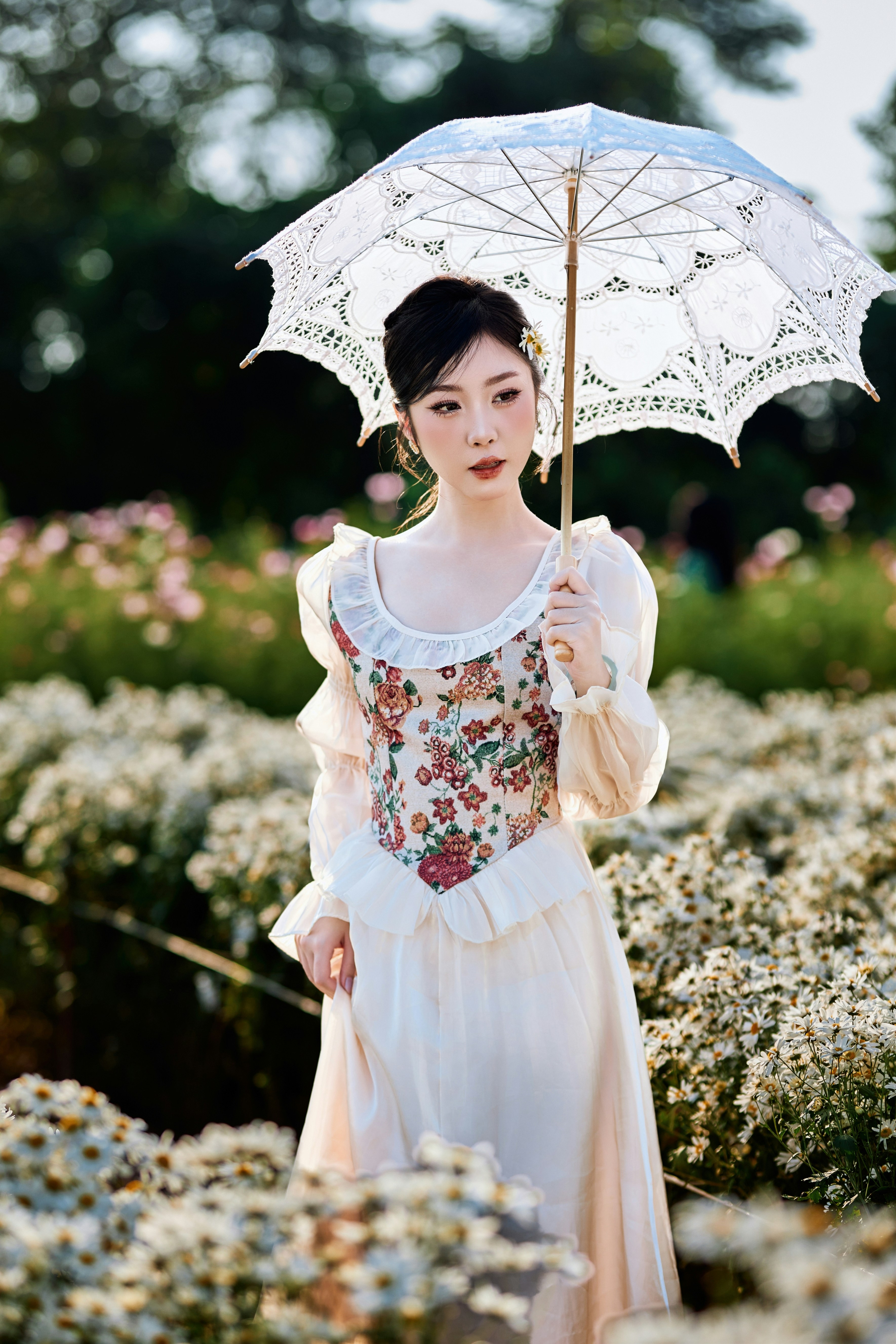 Porcelain Elegance Under Lace: Portrait in a Sunlit Garden