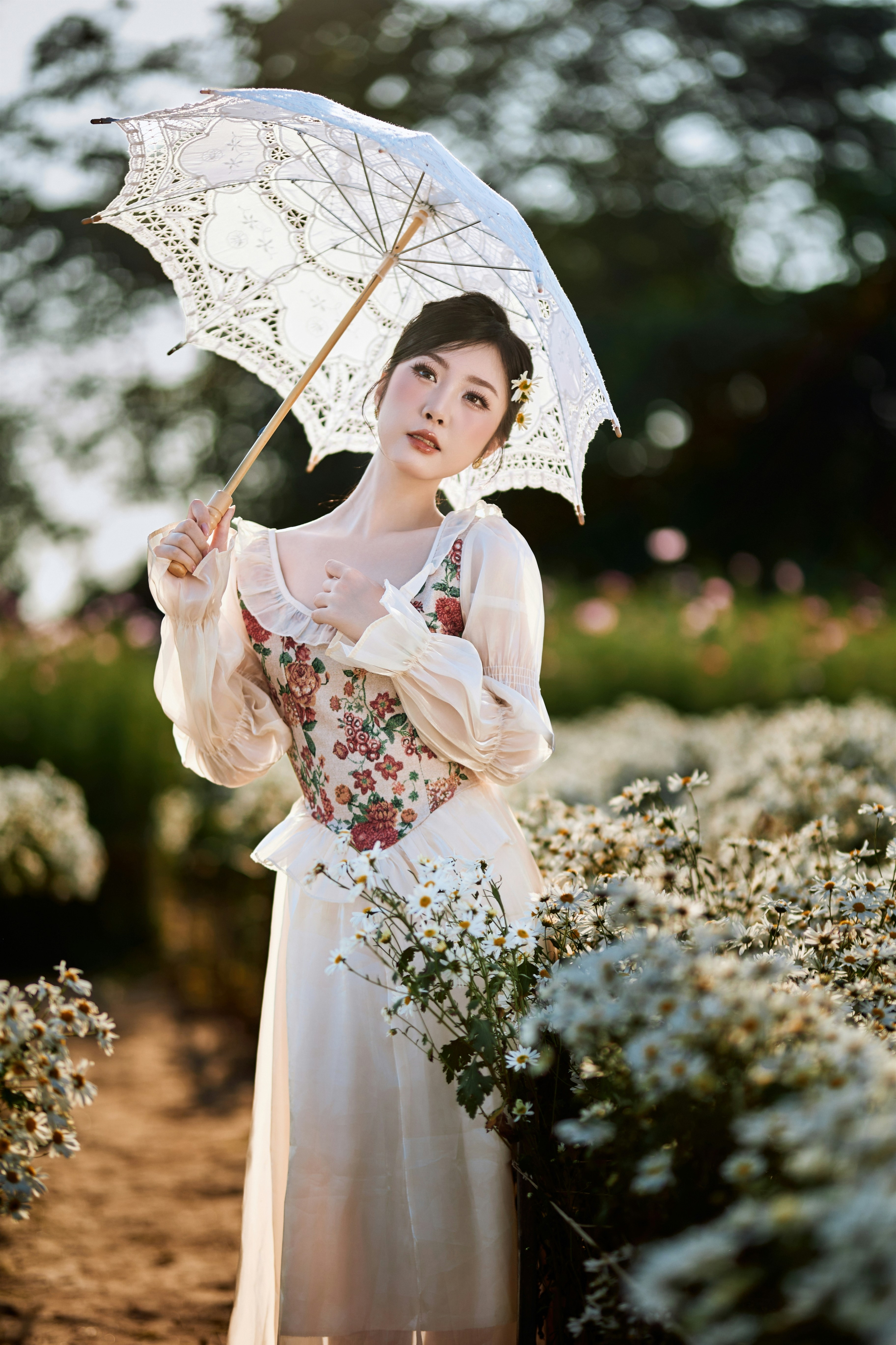 Portrait in Lace: The Umbrella Keeper in a Field of White Flowers