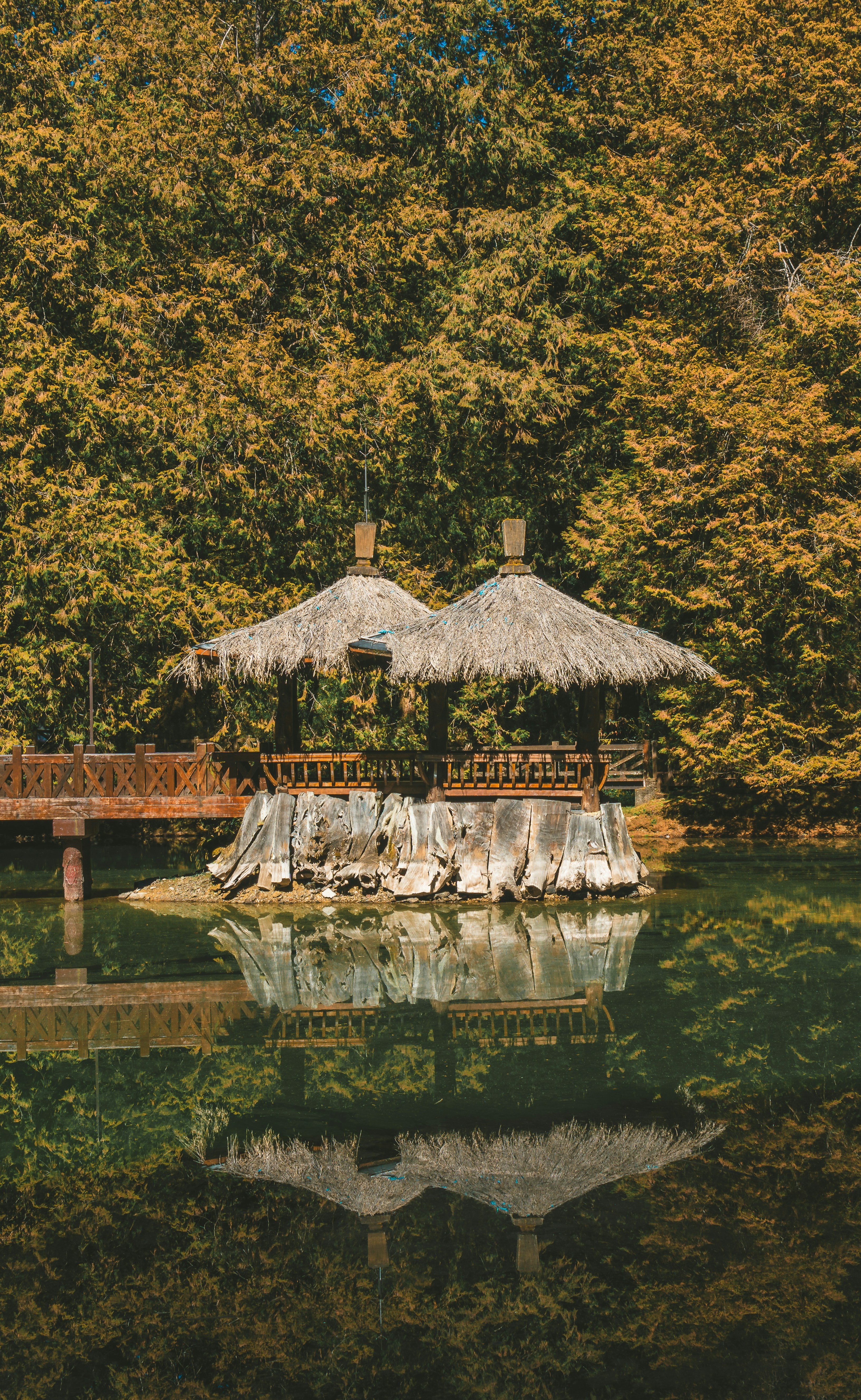 Thatched Gazebo on Calm Water: A Mirror Image