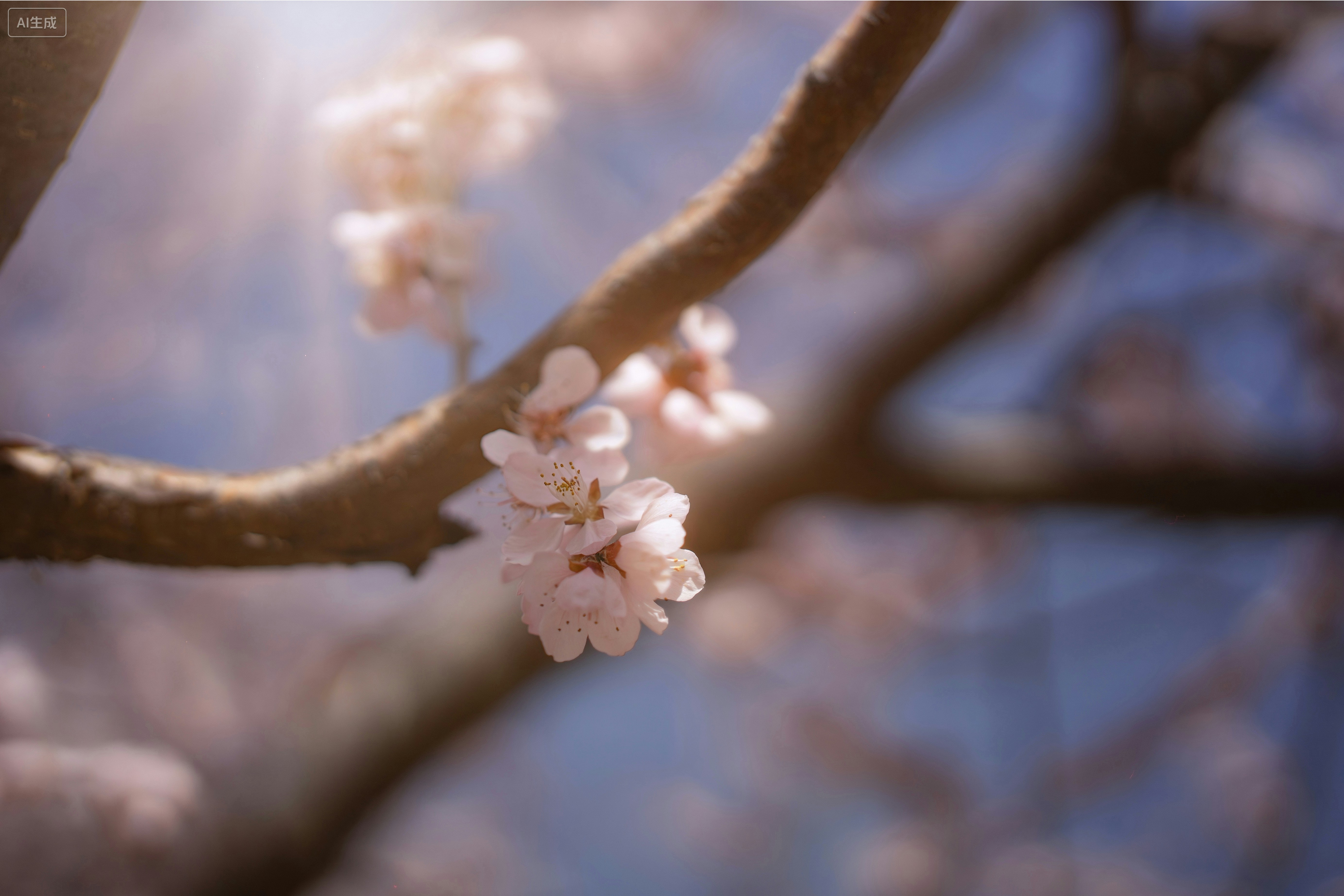 Soft Cherry Bloom in a Blurred Blue Morning