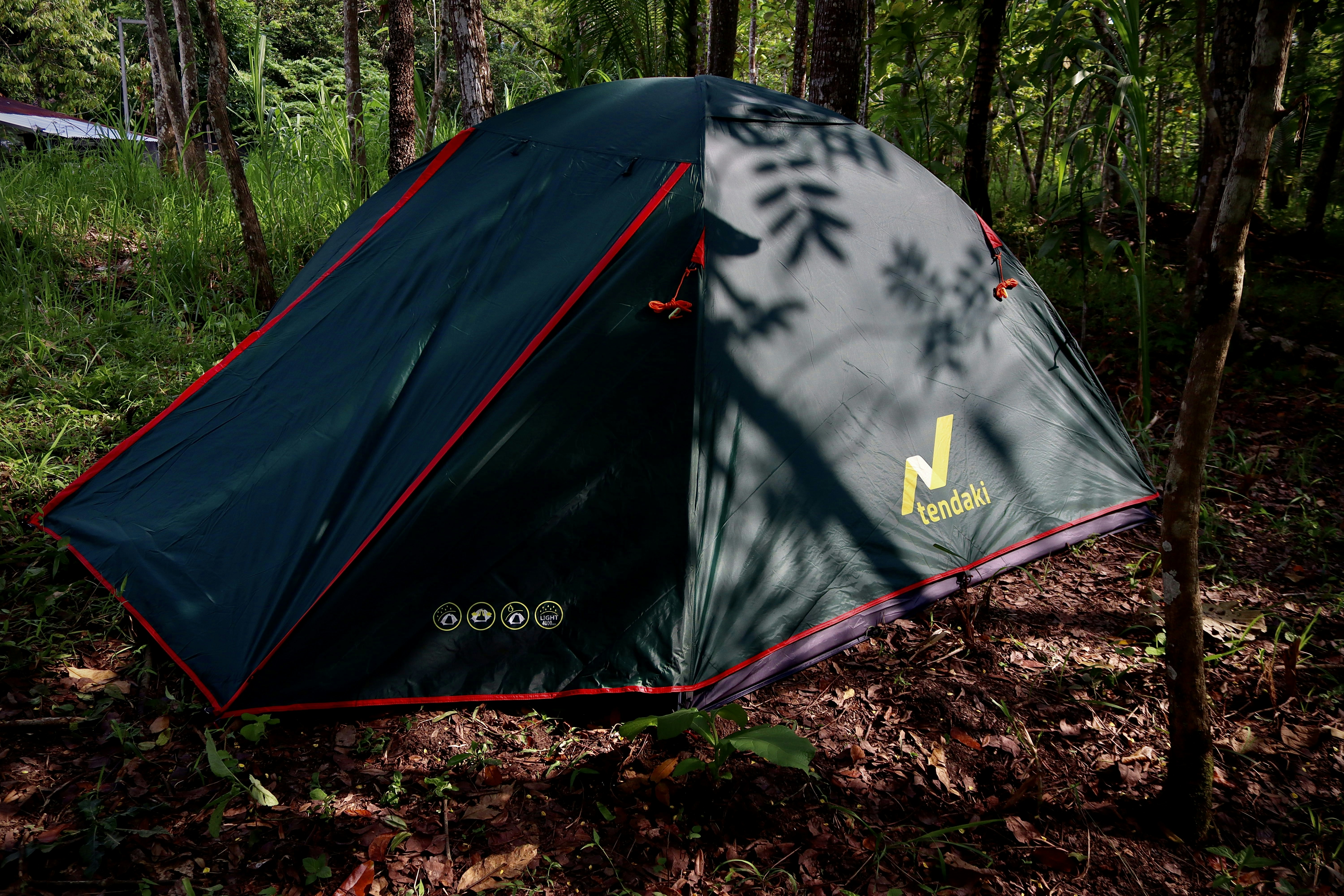 Forest Camp: A Weathered Trekker Nestled Under Dappled Shade