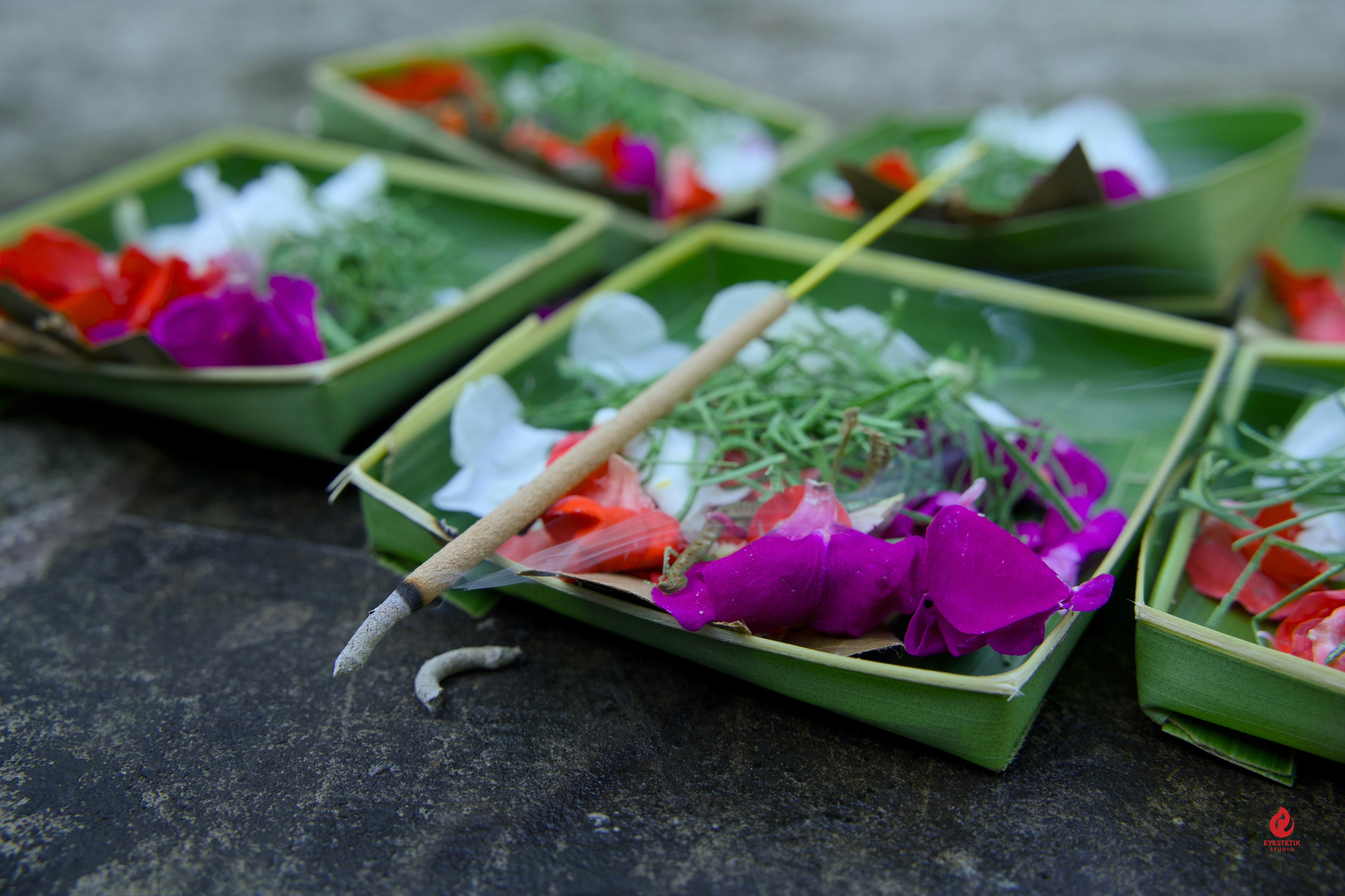 Tray of Colorful Bento Leaves with Incense Stick