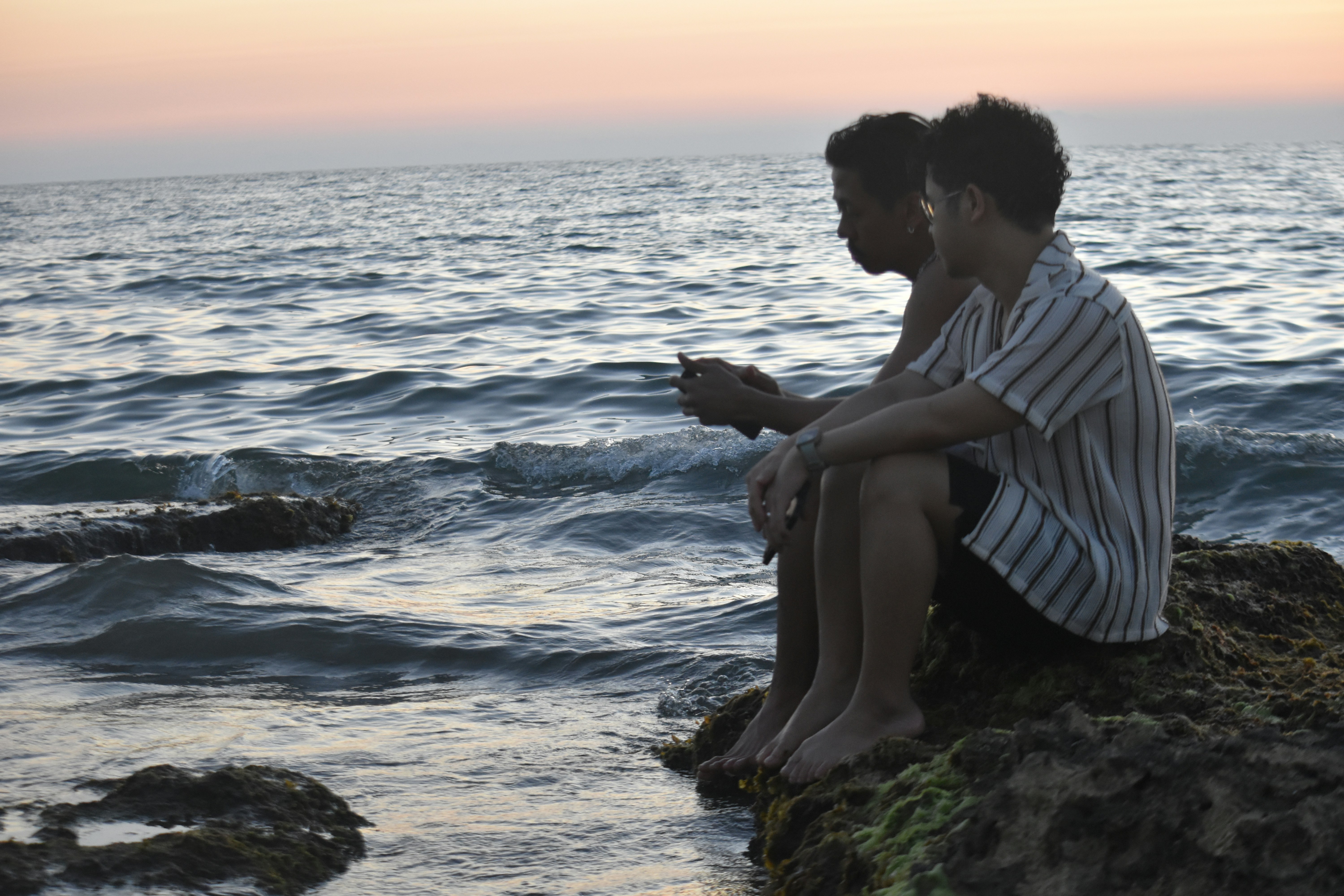 Twilight Dusk on the Rocks: Two Friends at the Sea