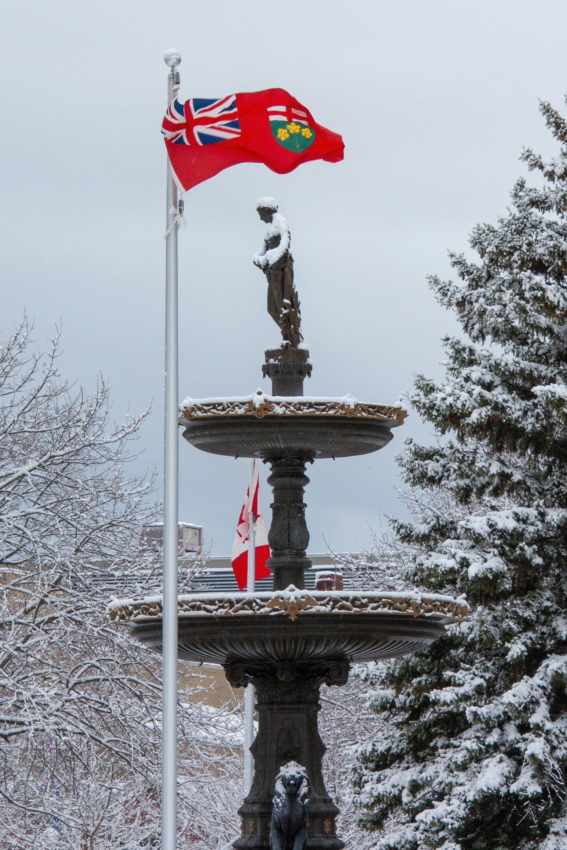 Flag and Fountain Under Snowy Standoff