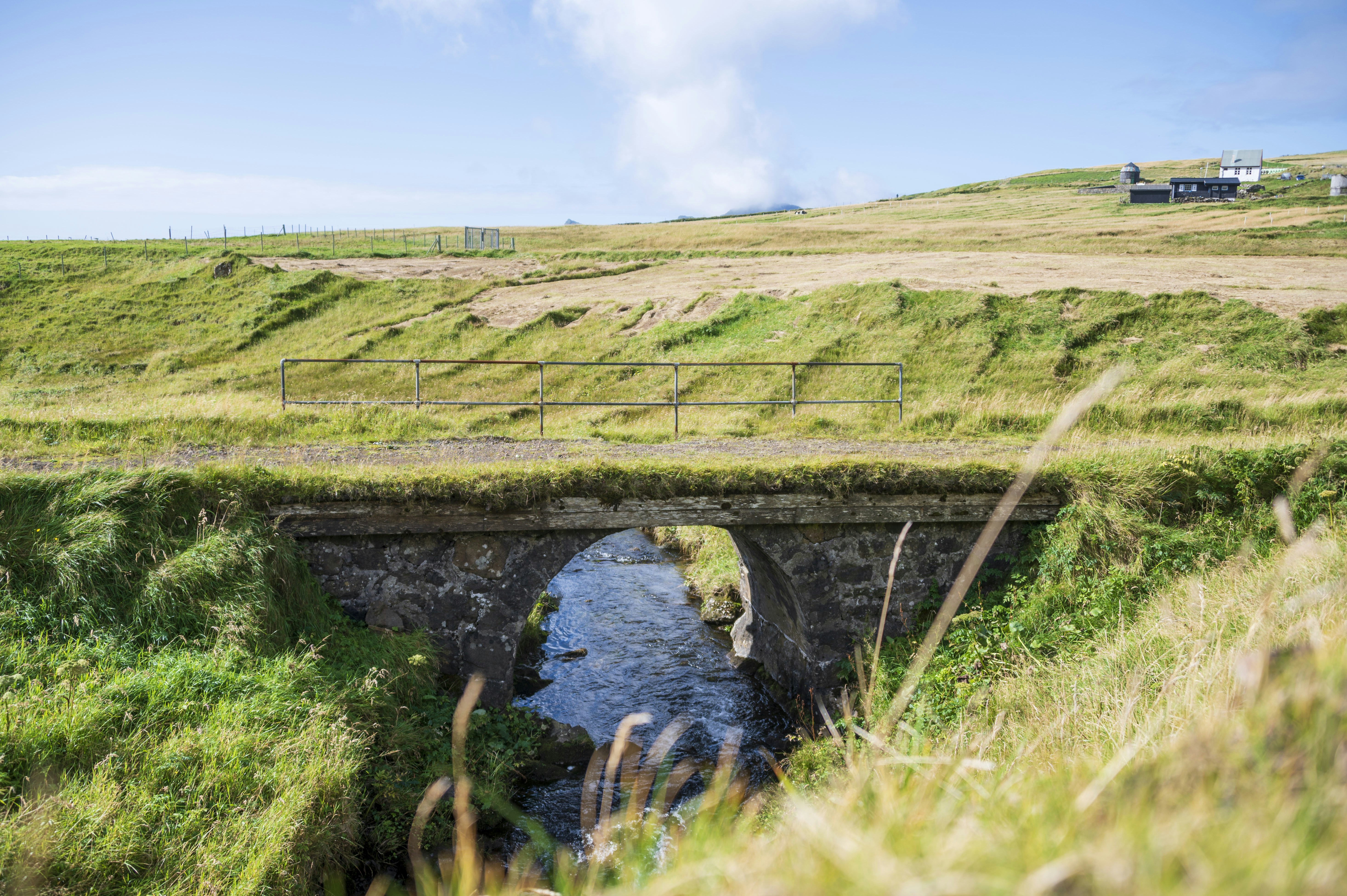Stone Bridge Over a Green Meadow Stream