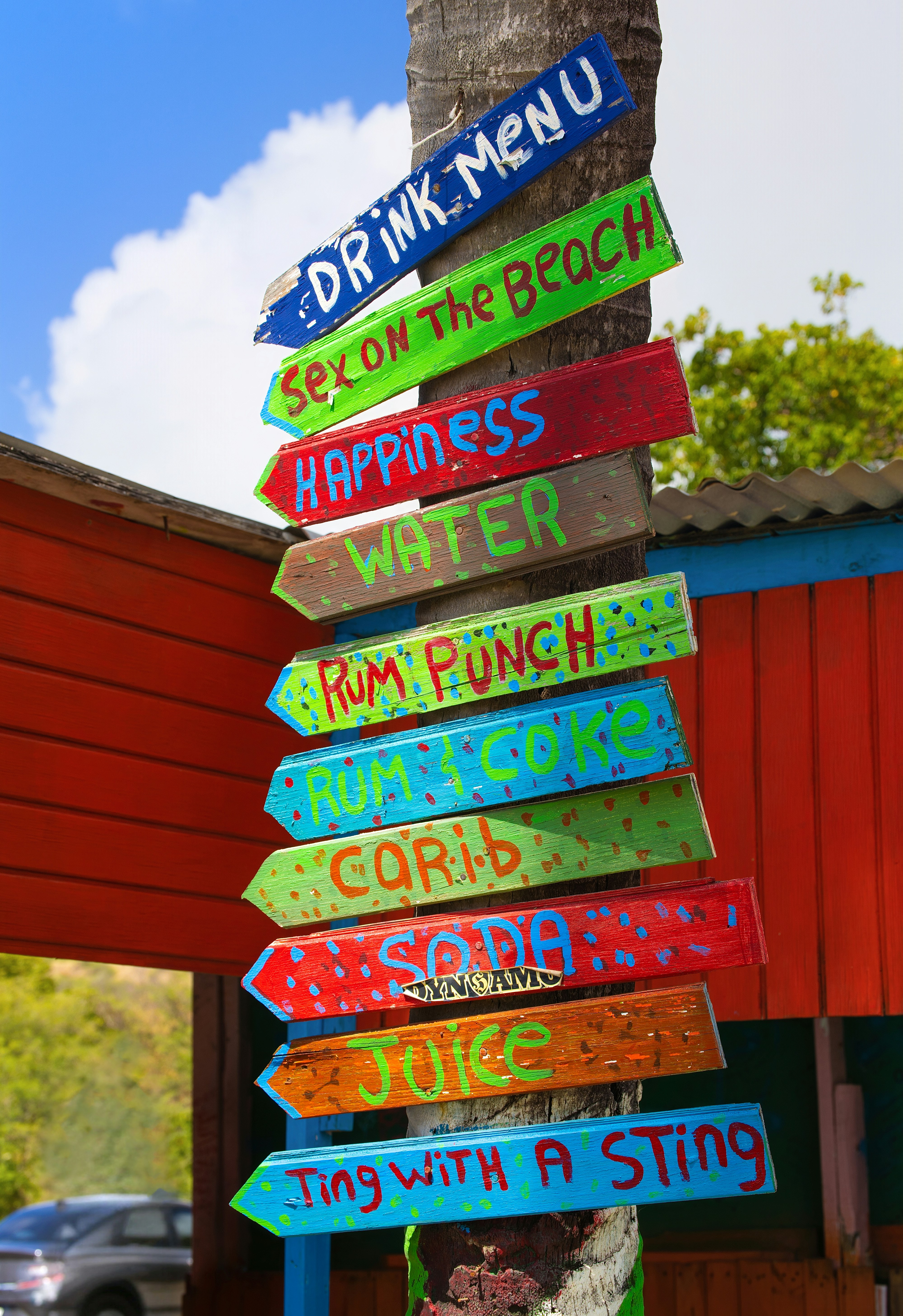 Colorful Signpost Tower at a Sunny Beachside Corner