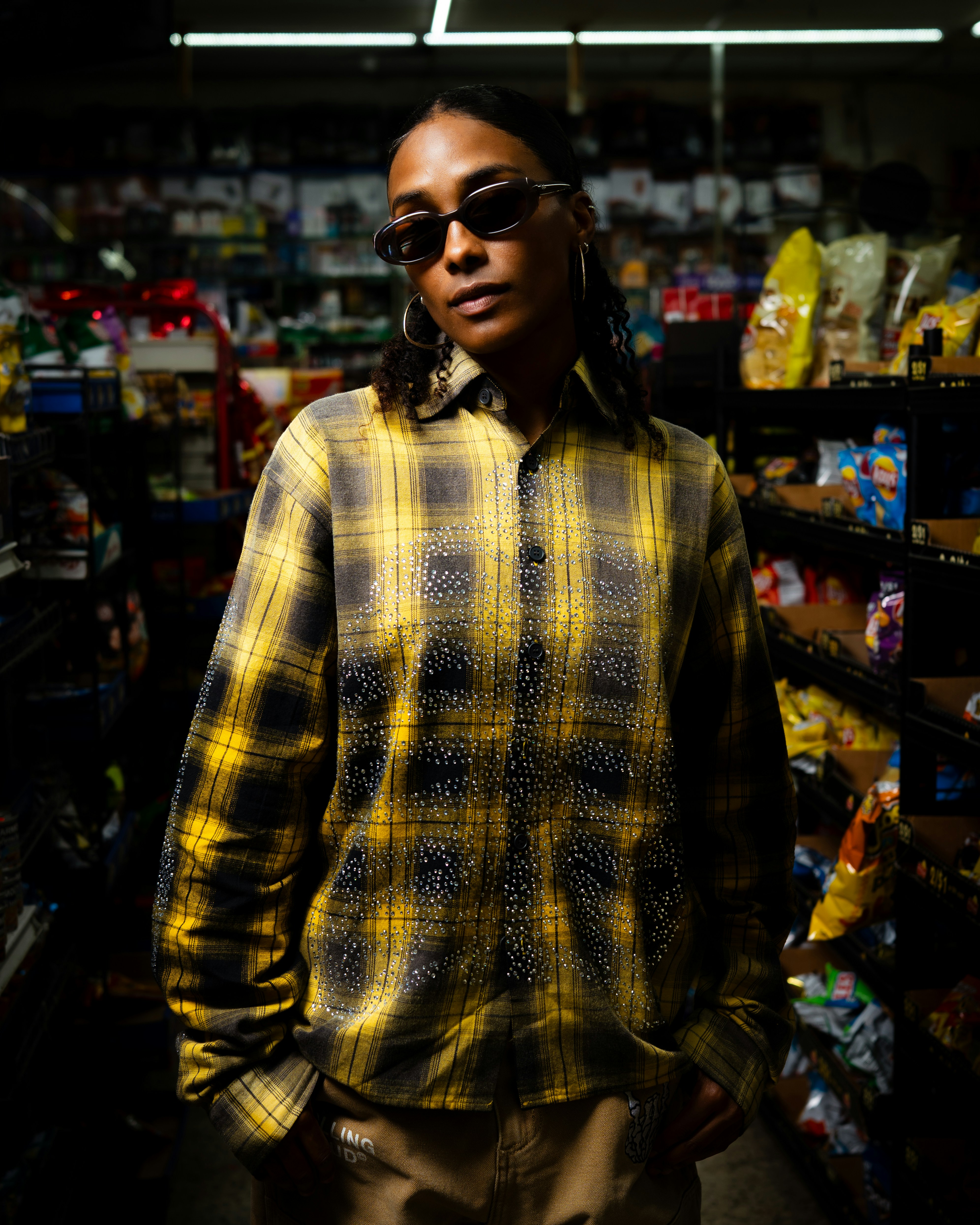 Neon Glow in the Aisles: A Confident Portrait in a Grocery Hamper