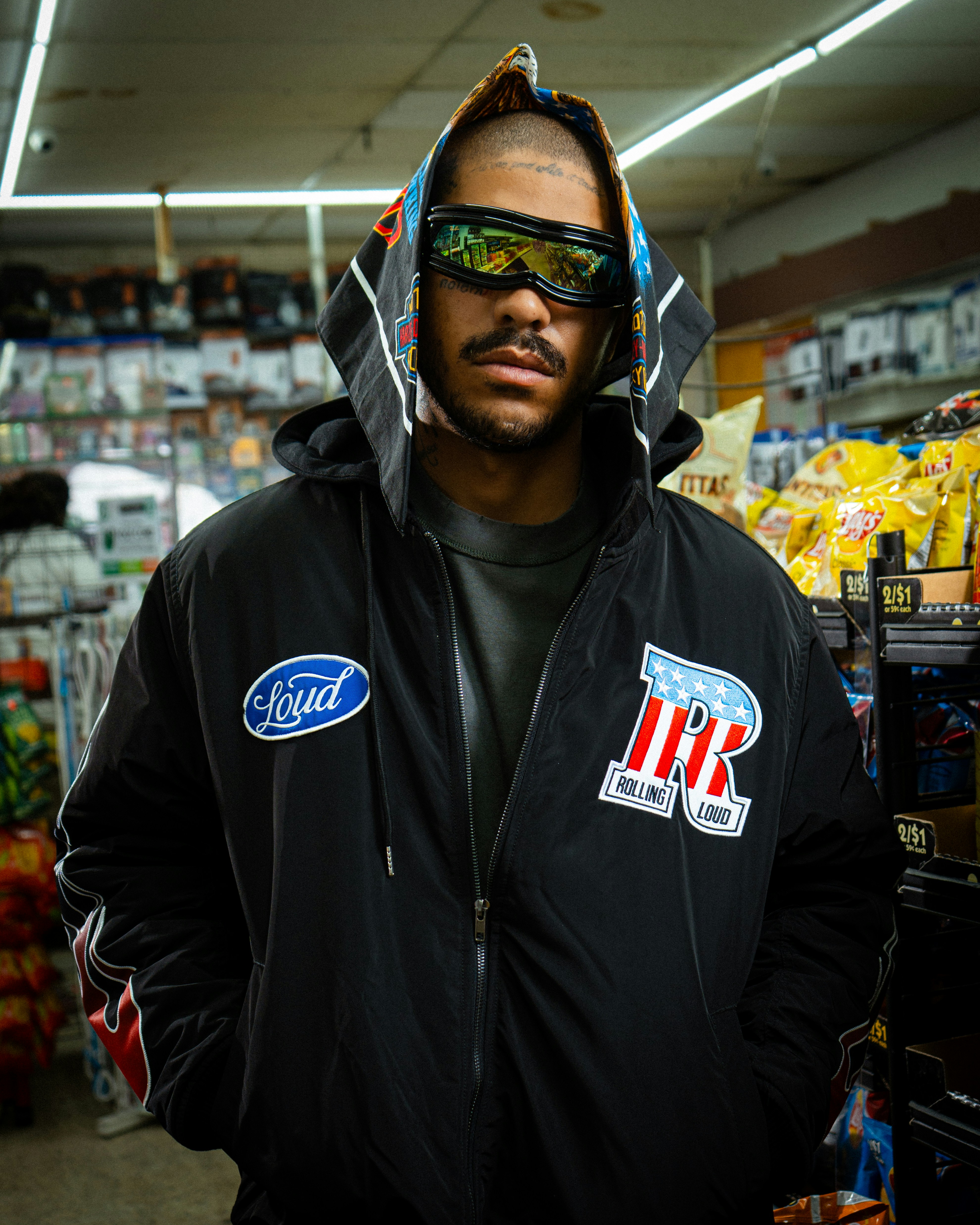 Shadowed Confidence in a Neon Aisle