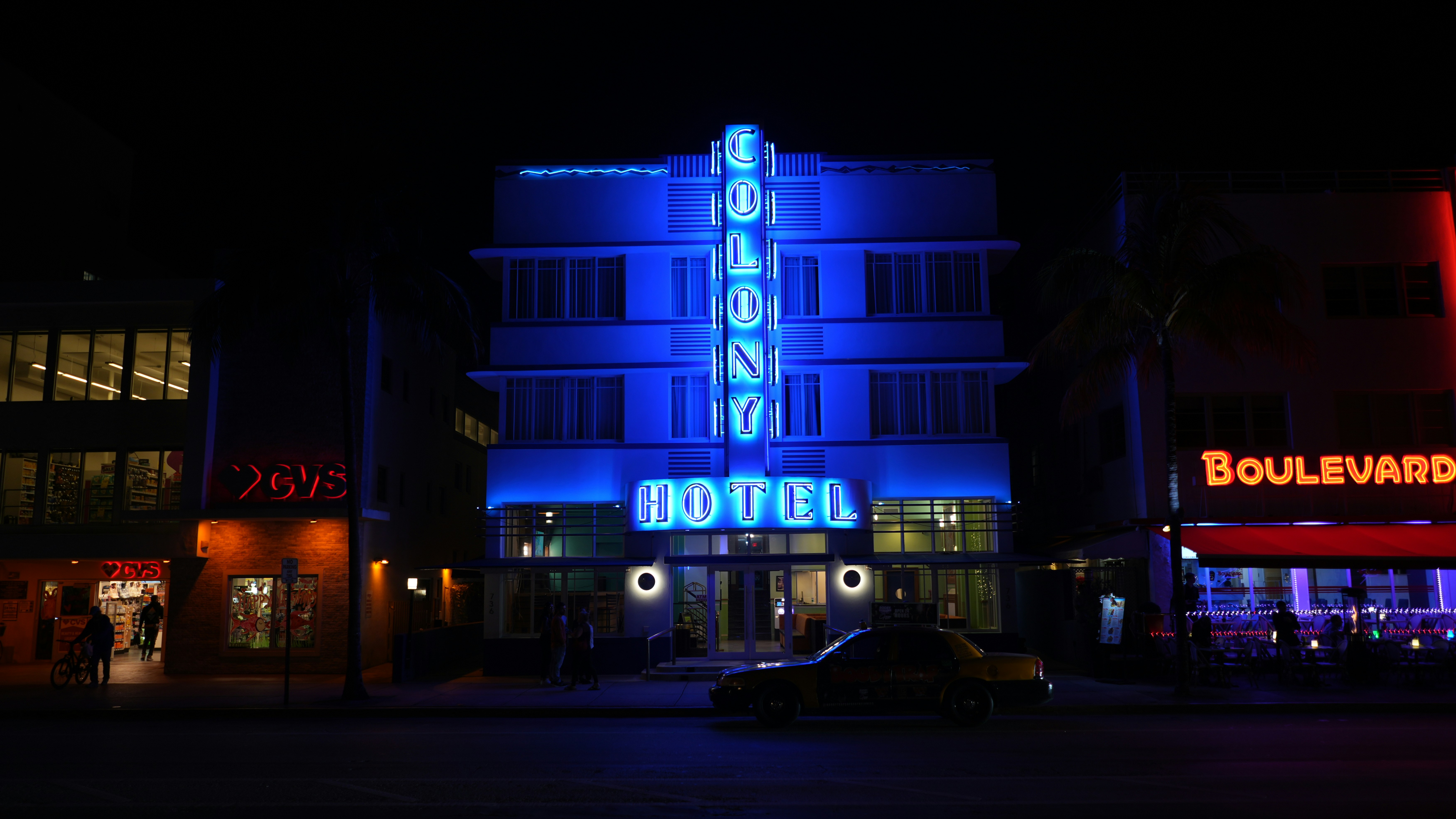 Neon Facade: The Blue Hour Hotel Signage on Ocean Drive