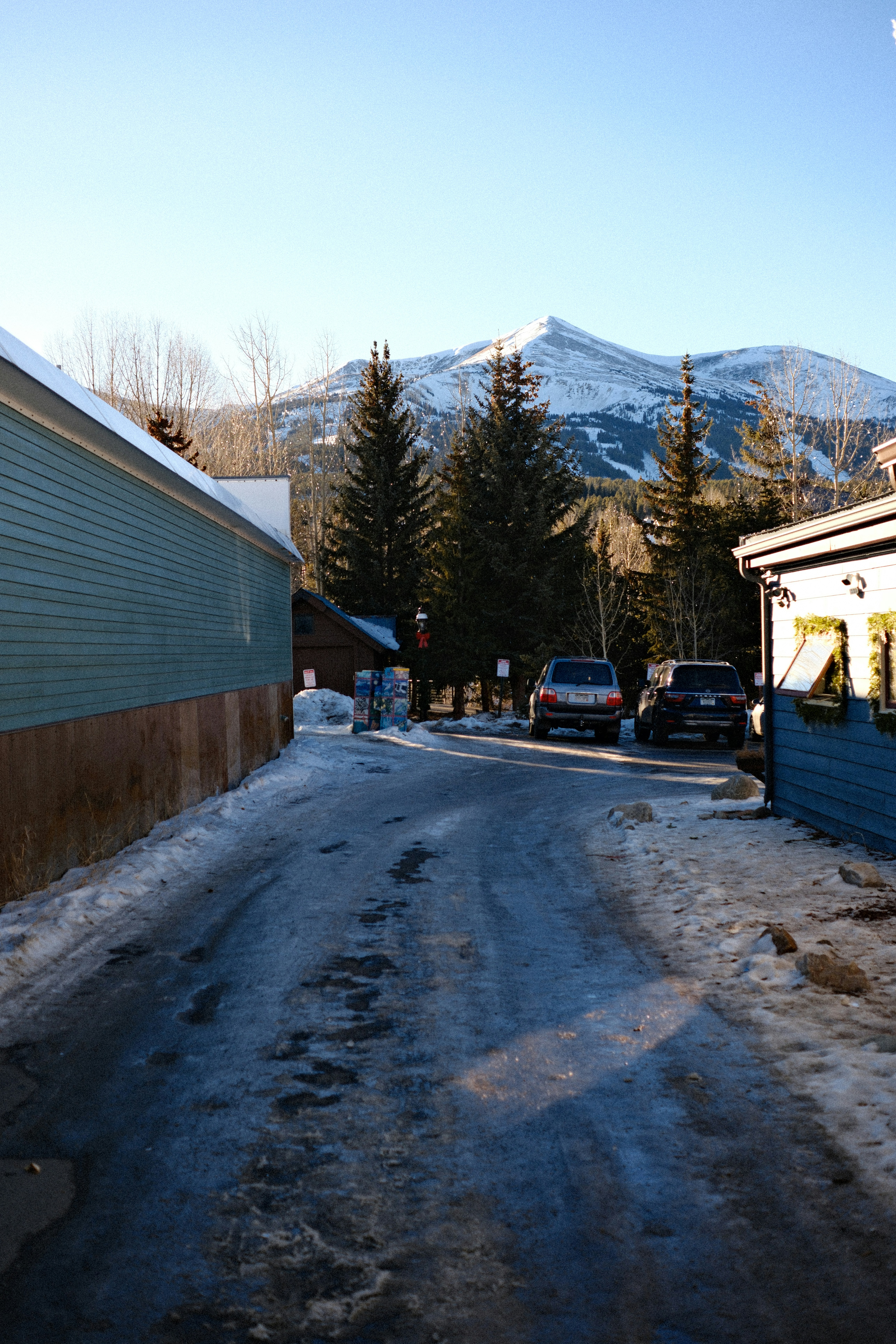Snowy Street Reaches Toward a Mountain Crest