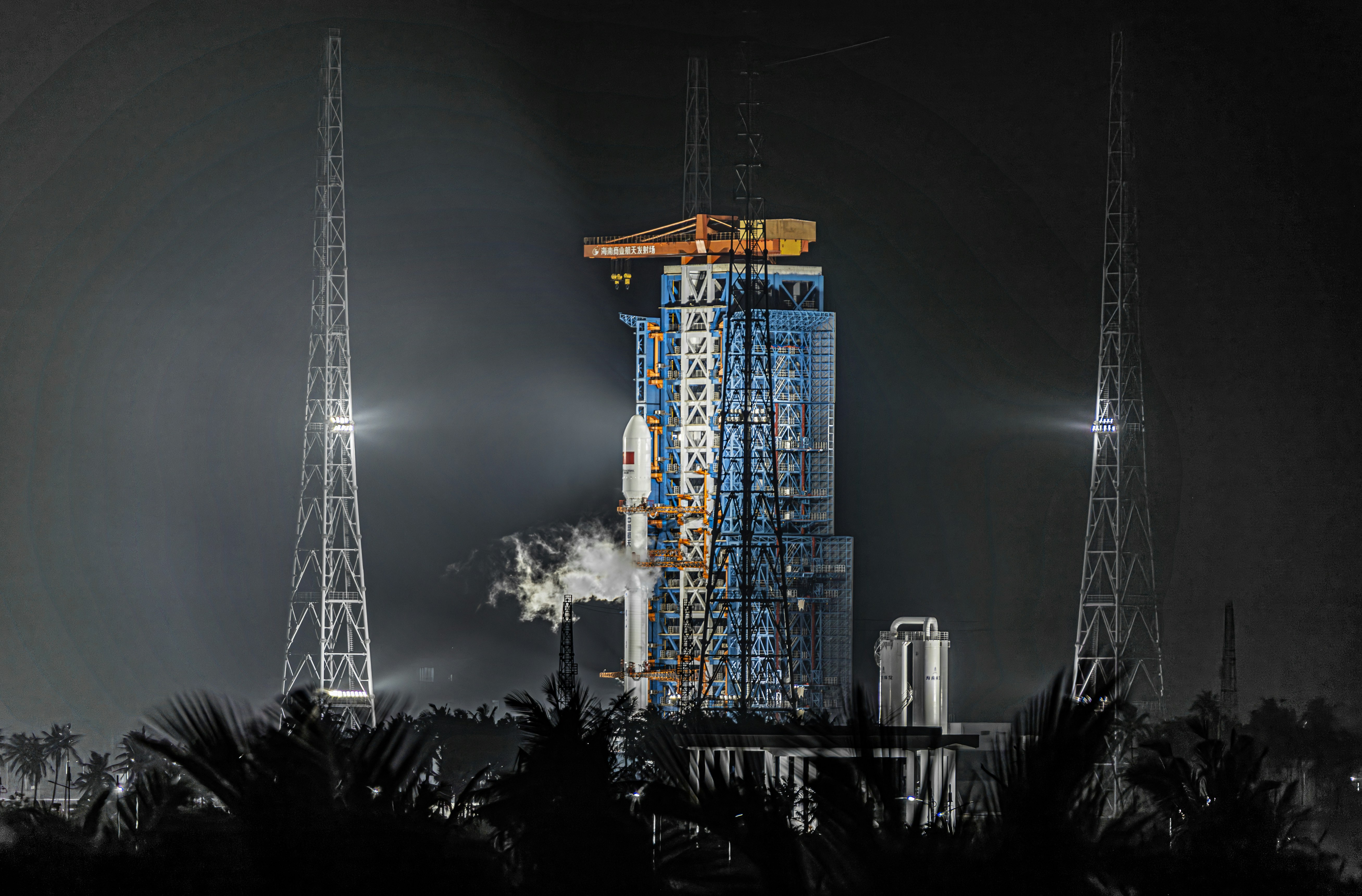 Liftoff Through the Night: Central Core of a Space Vehicle
