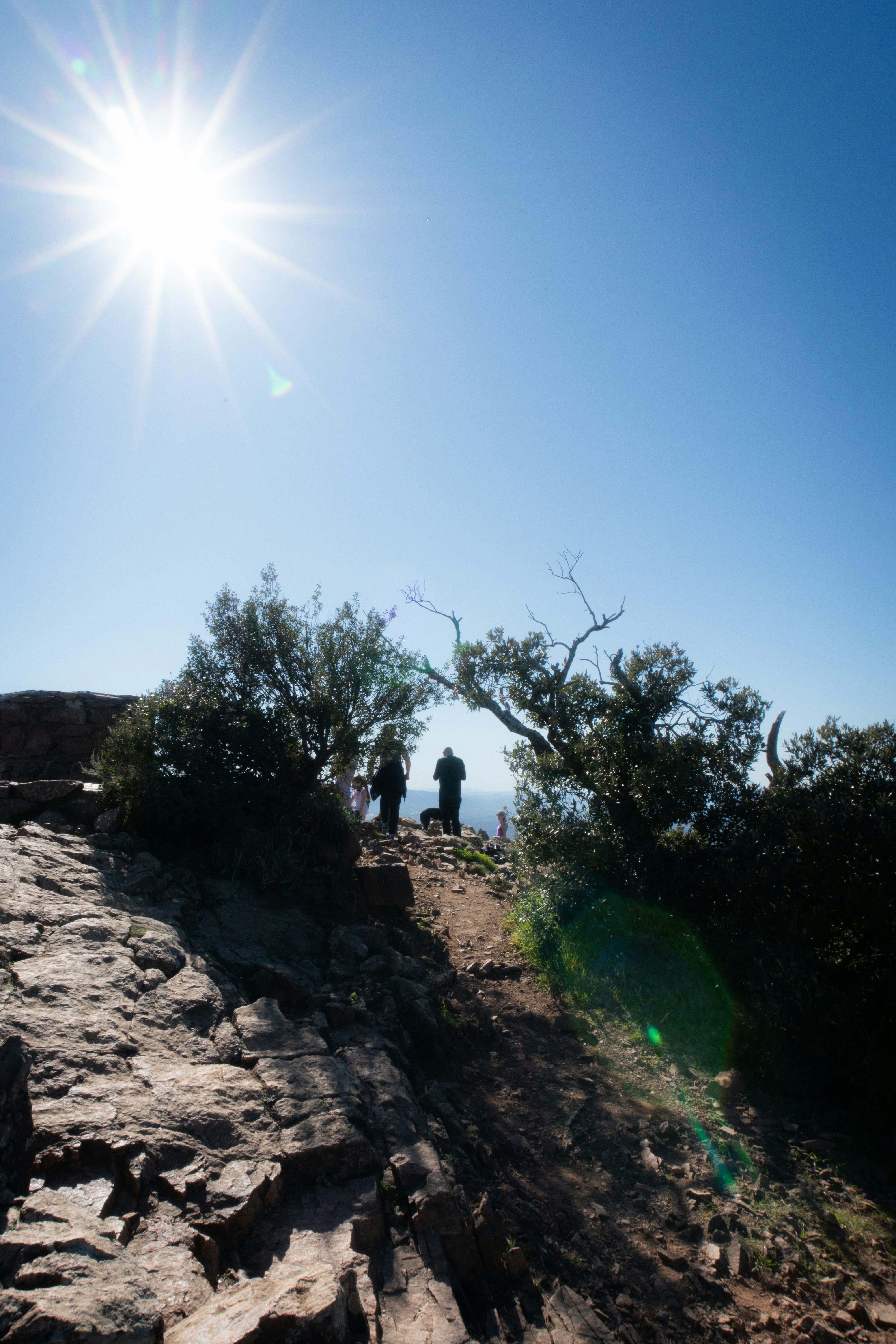 Sunlit Summit: silhouettes at the edge of a rocky trail