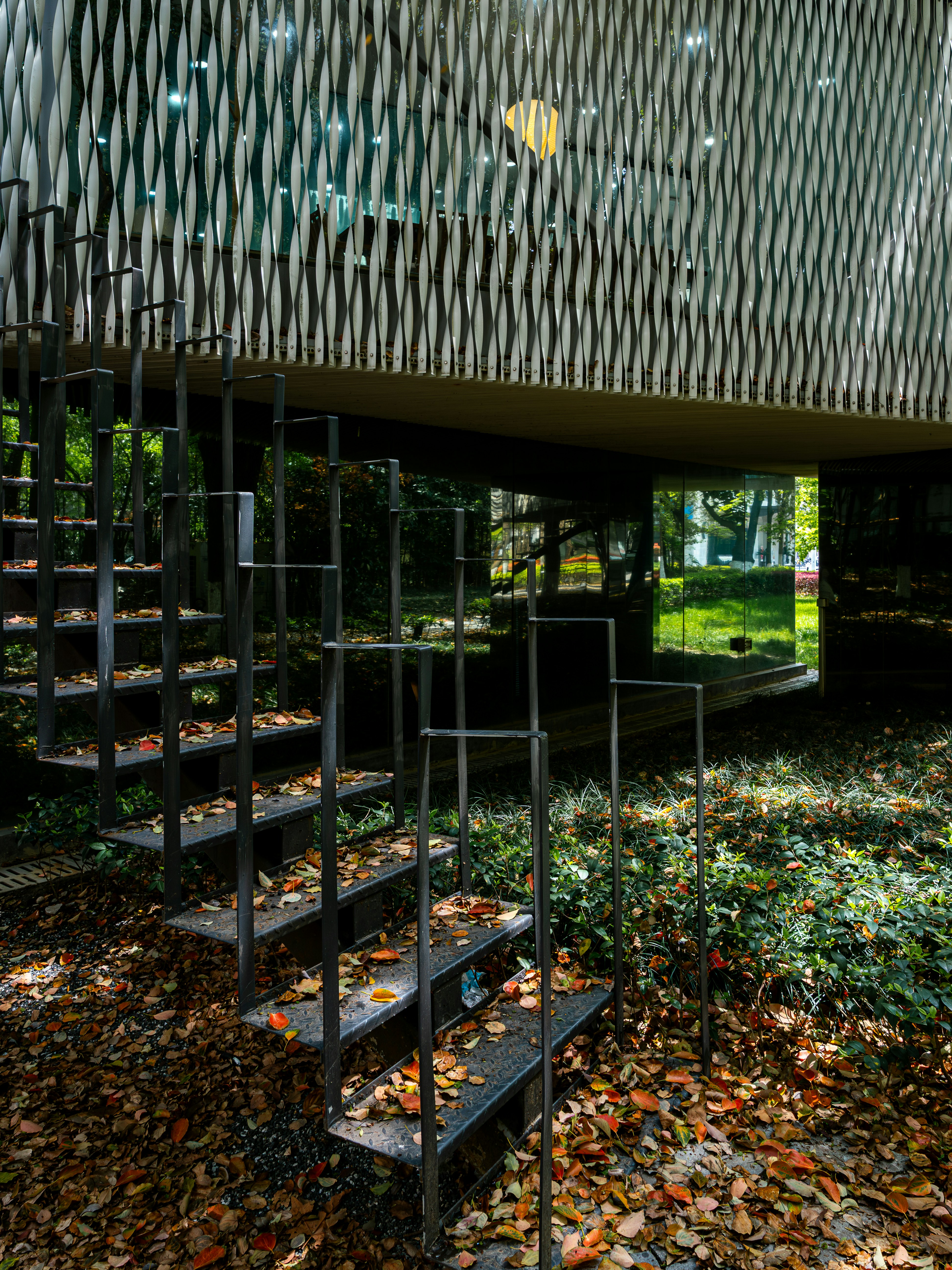 Staircase to Shadowed Glass: An Urban Garden Under Steel Mesh