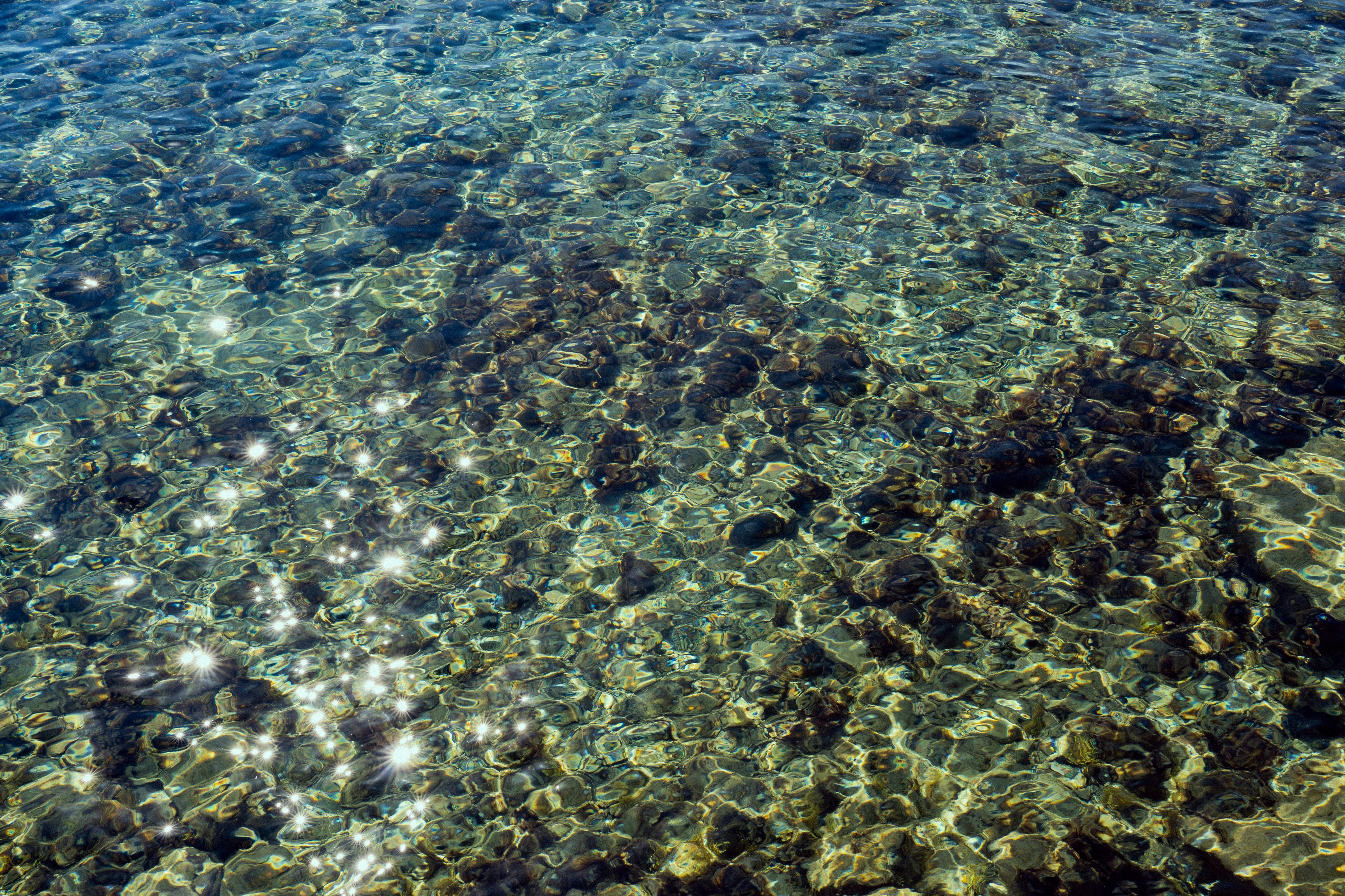 Sunlit Reef Mosaic: Shimmering Stones Beneath Clear Waters