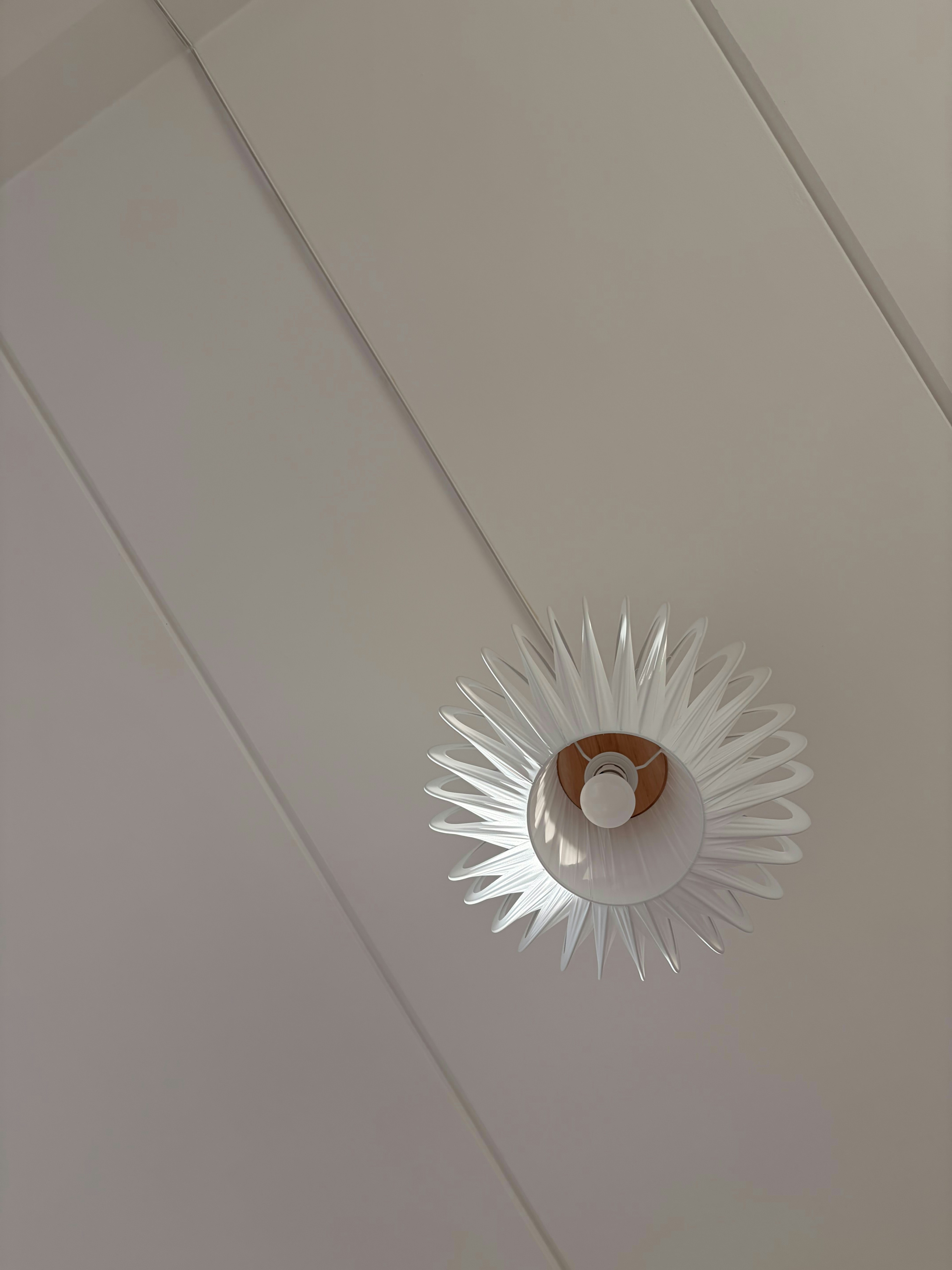 Ceiling Bloom: Modern Pendant Light Against Geometric Slats