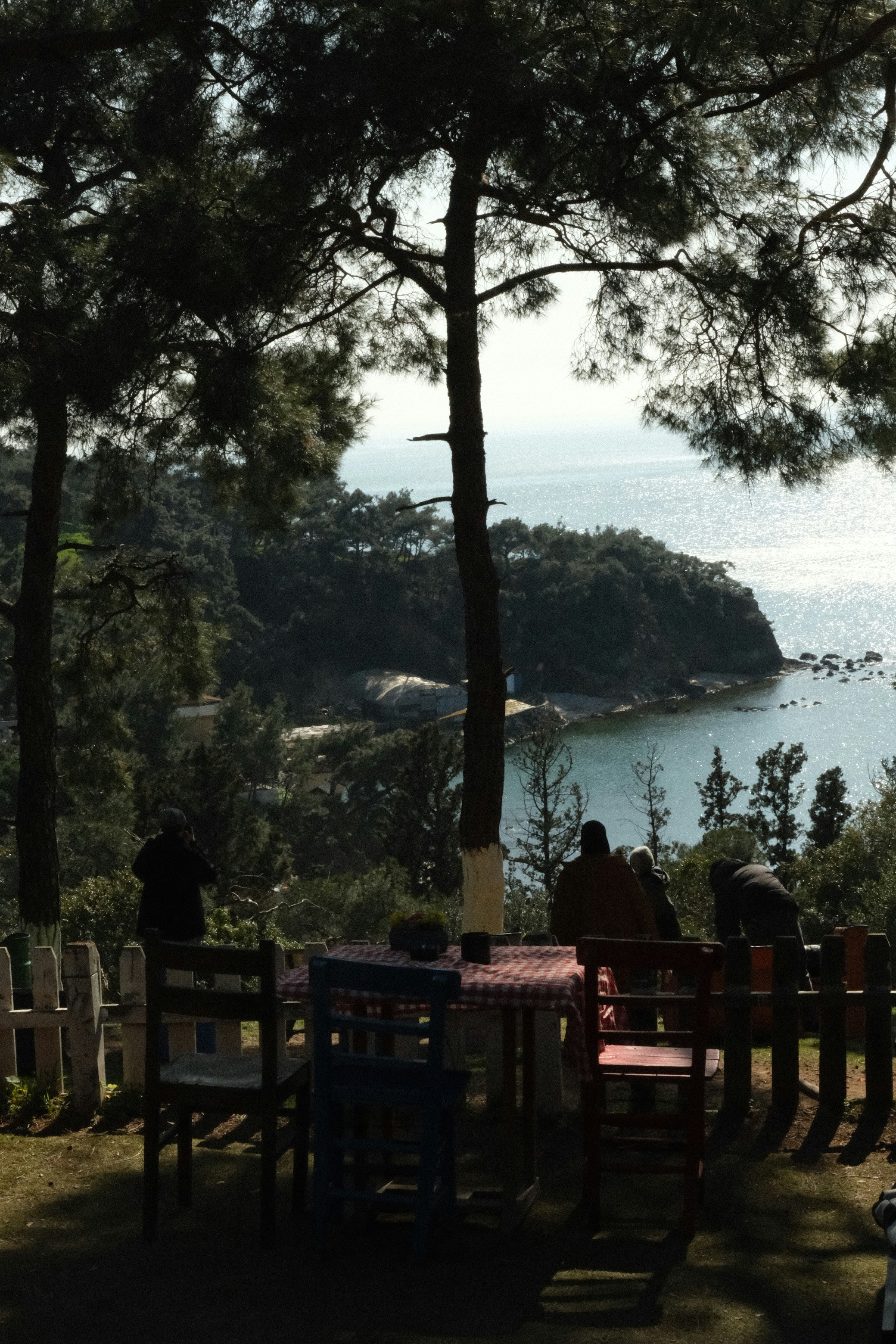 Shaded Terrace Overlooking a Sunlit Cove