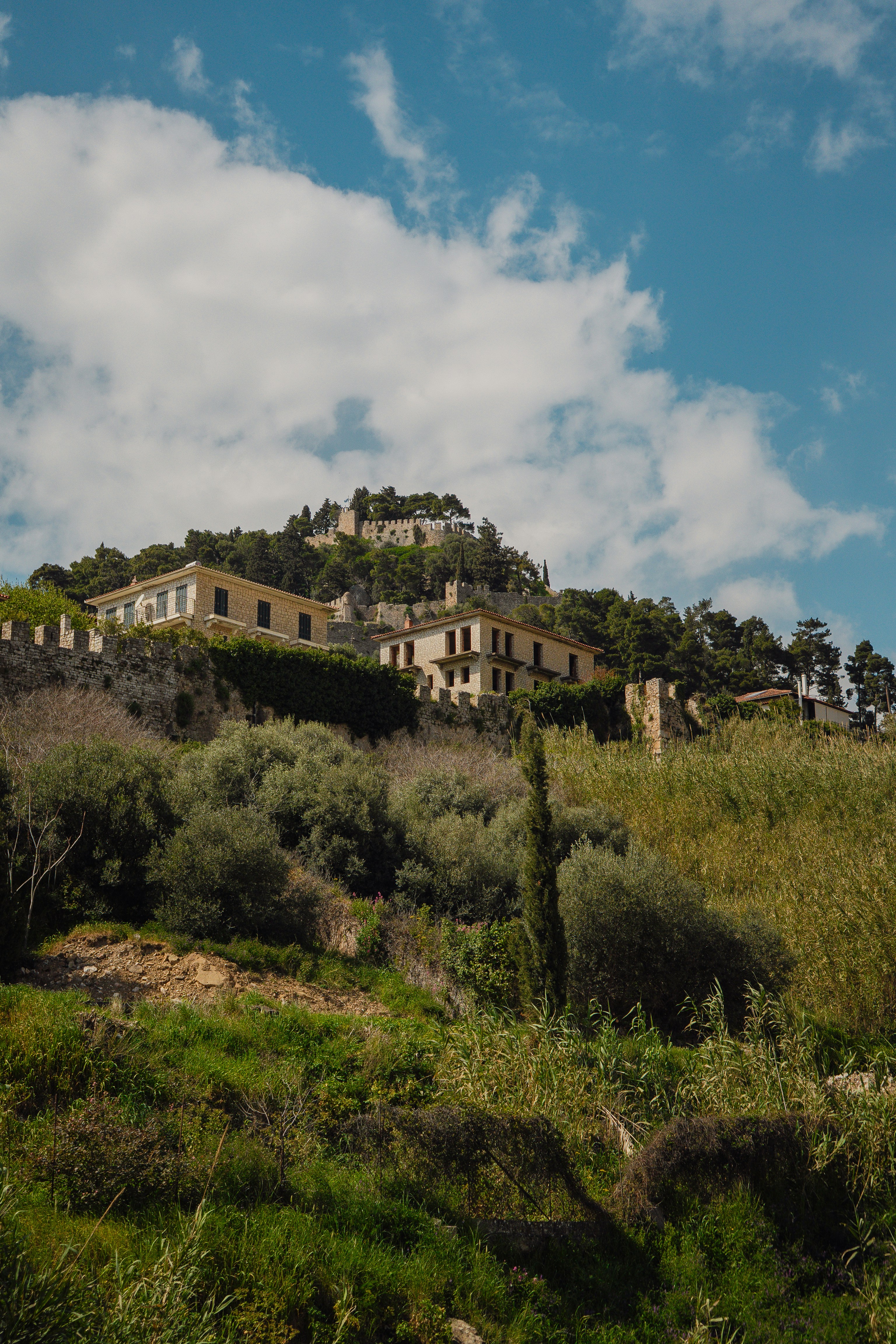 Hilltop Villa Amid Olive Groves Under Blue Skies