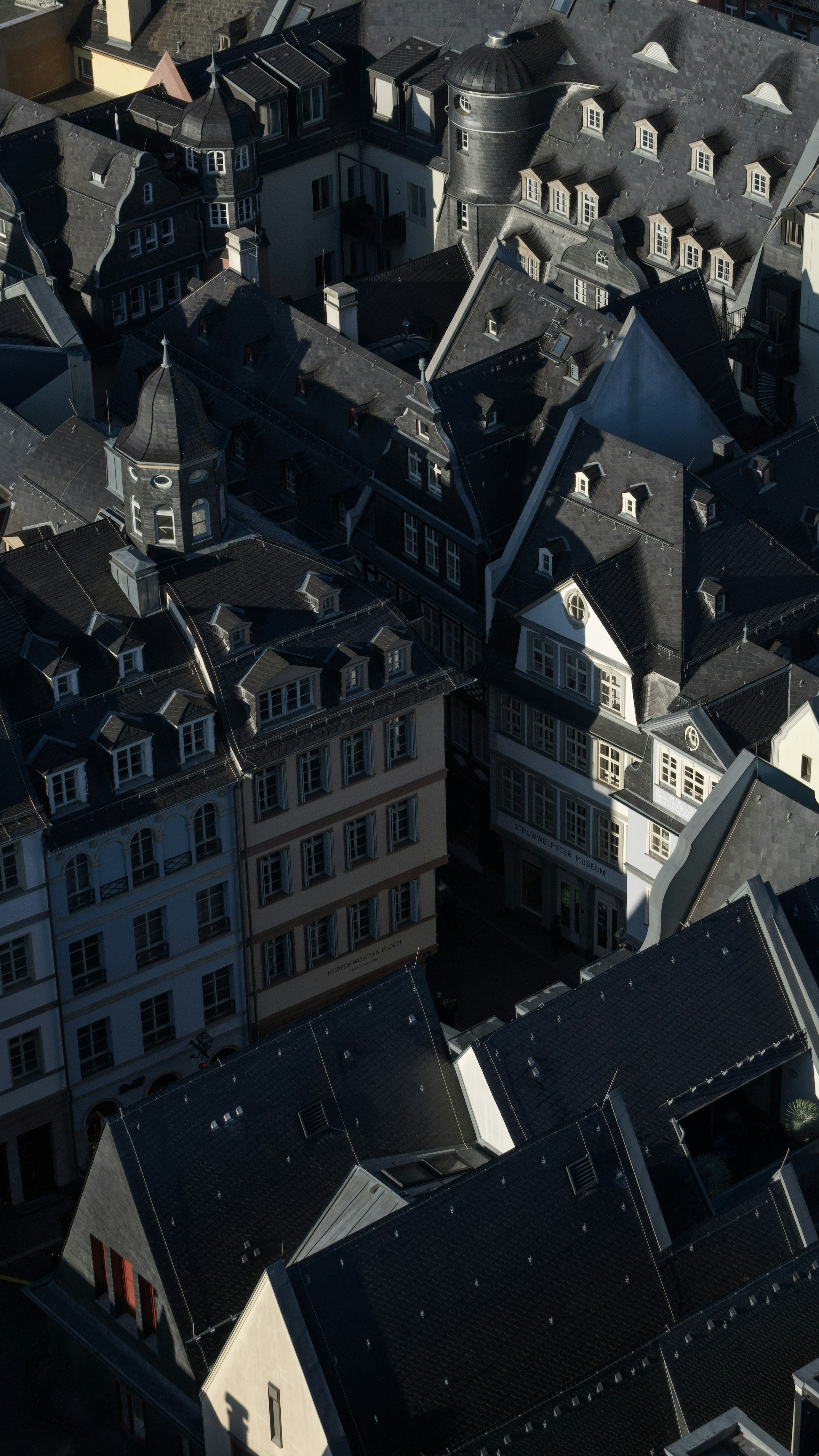 Shadowed Rooftops: An Aerial Maze of Gabled South Germanic Windows