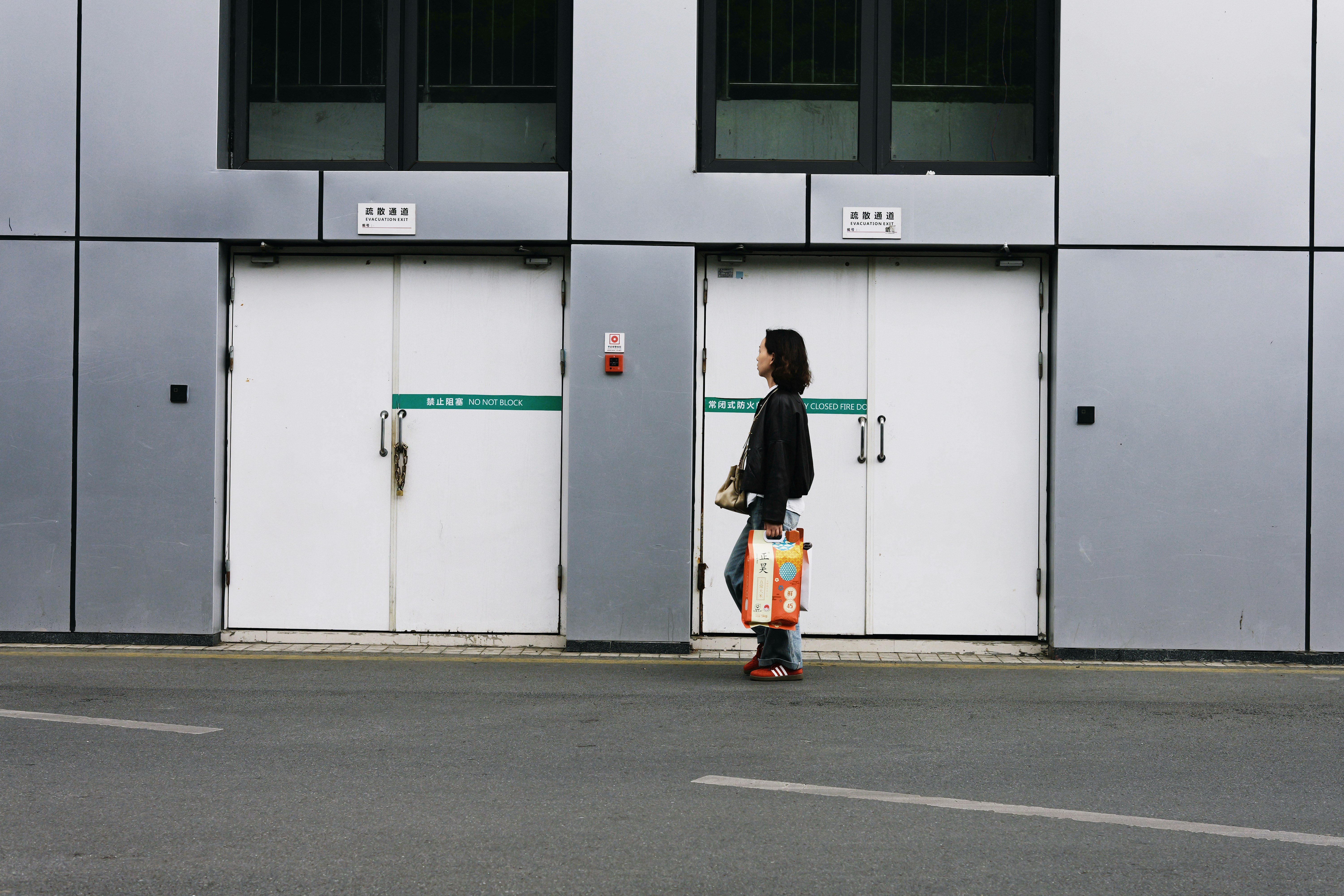 A Quiet Street Moment: Shopper in Front of Modern Doors