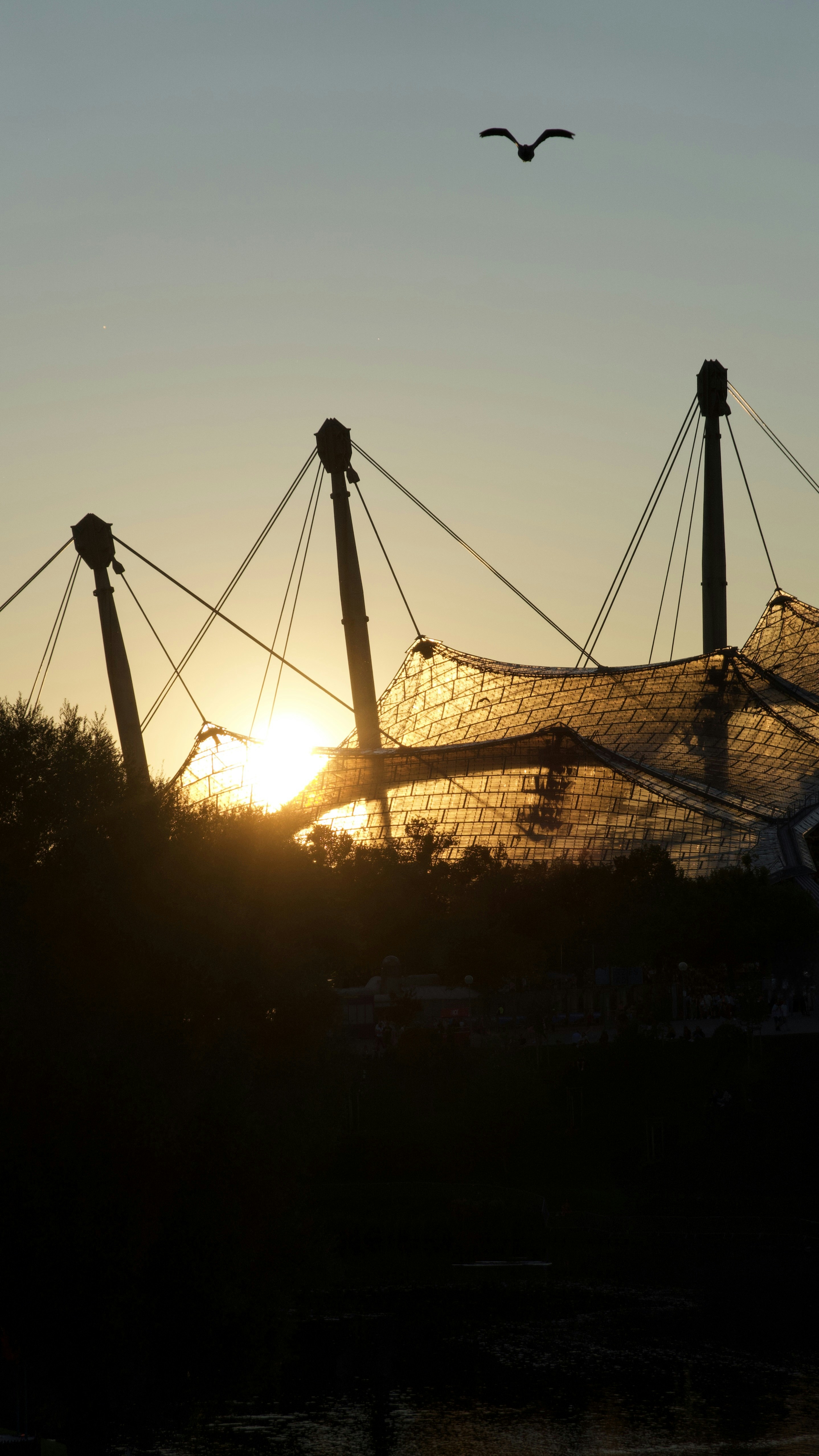 Silhouette Skyline at Golden Hour Over a Tensioned Canopy