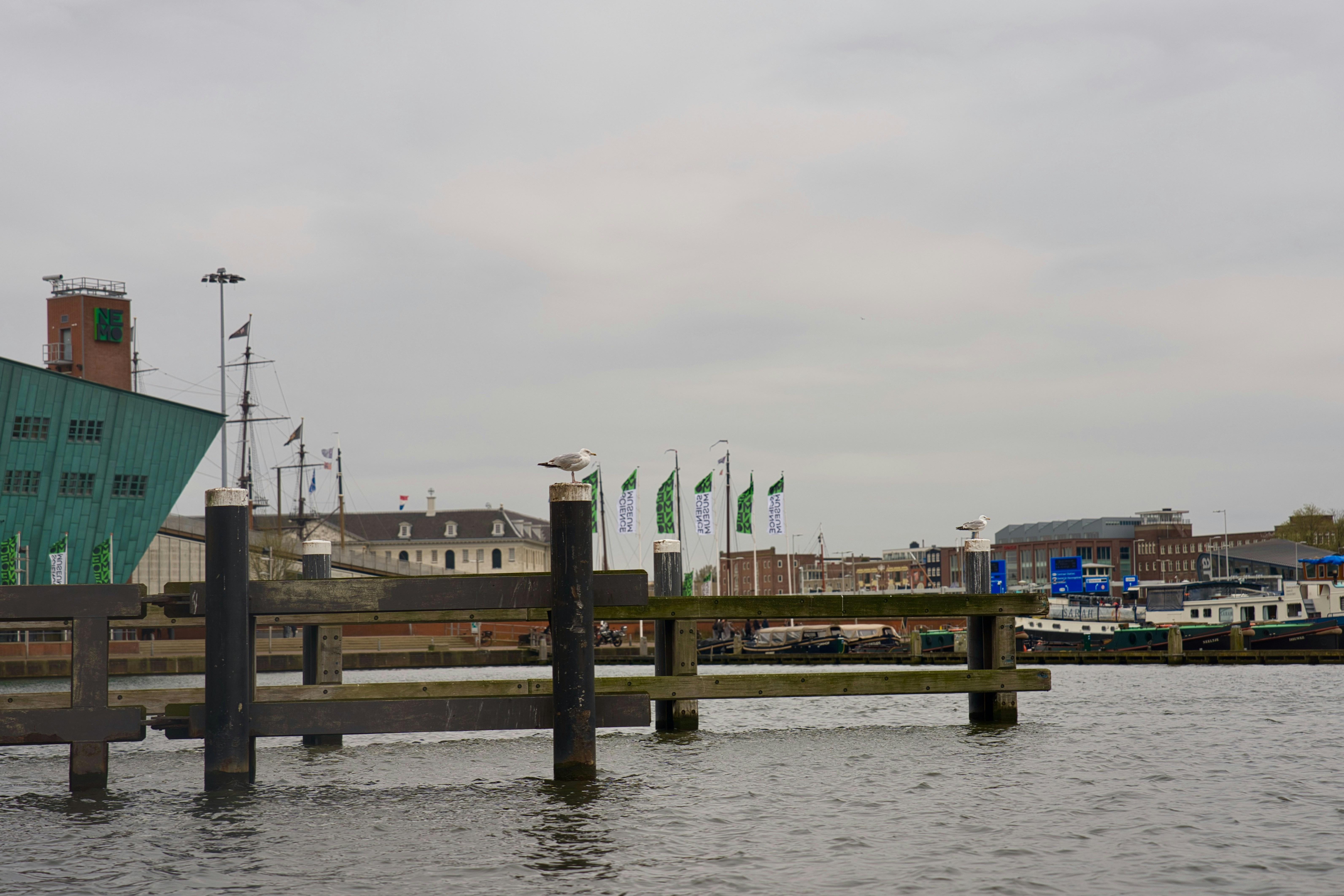 Dockside Portrait: Boats, Flags, and a Tilted Green Structure