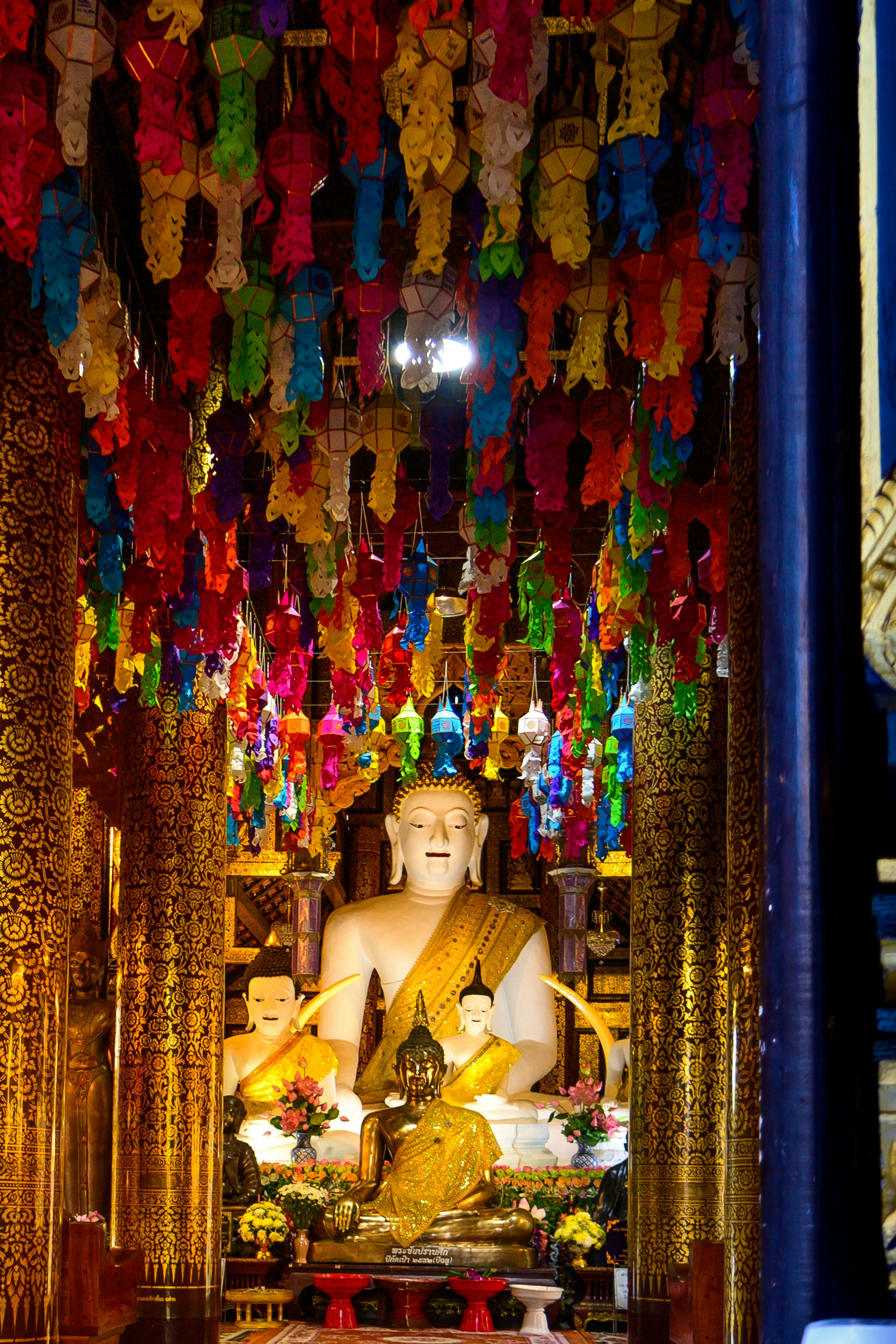 Golden Serenity: Buddha Statues under a Ceiling of Colorful Lanterns