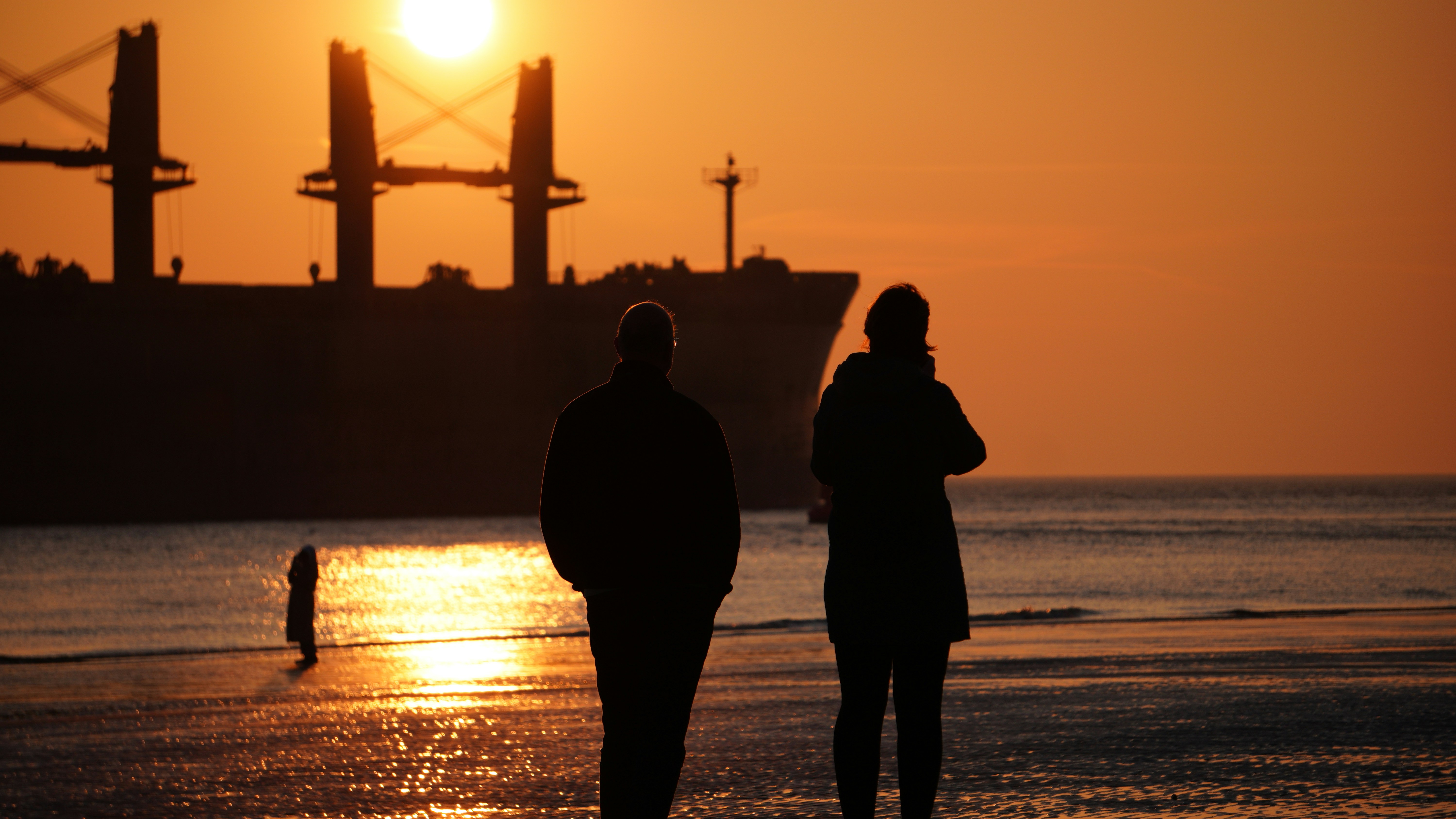 Silhouetted duo at sunset over a harbor